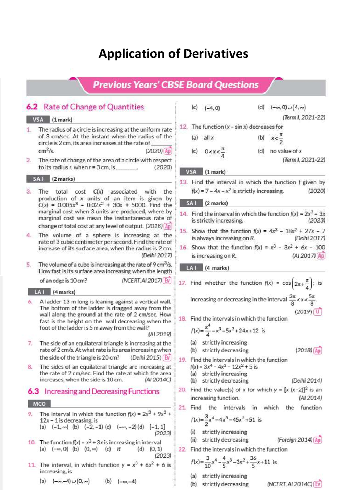 CBSE Sample Questions on Application of Derivatives (Term I) - Studocu