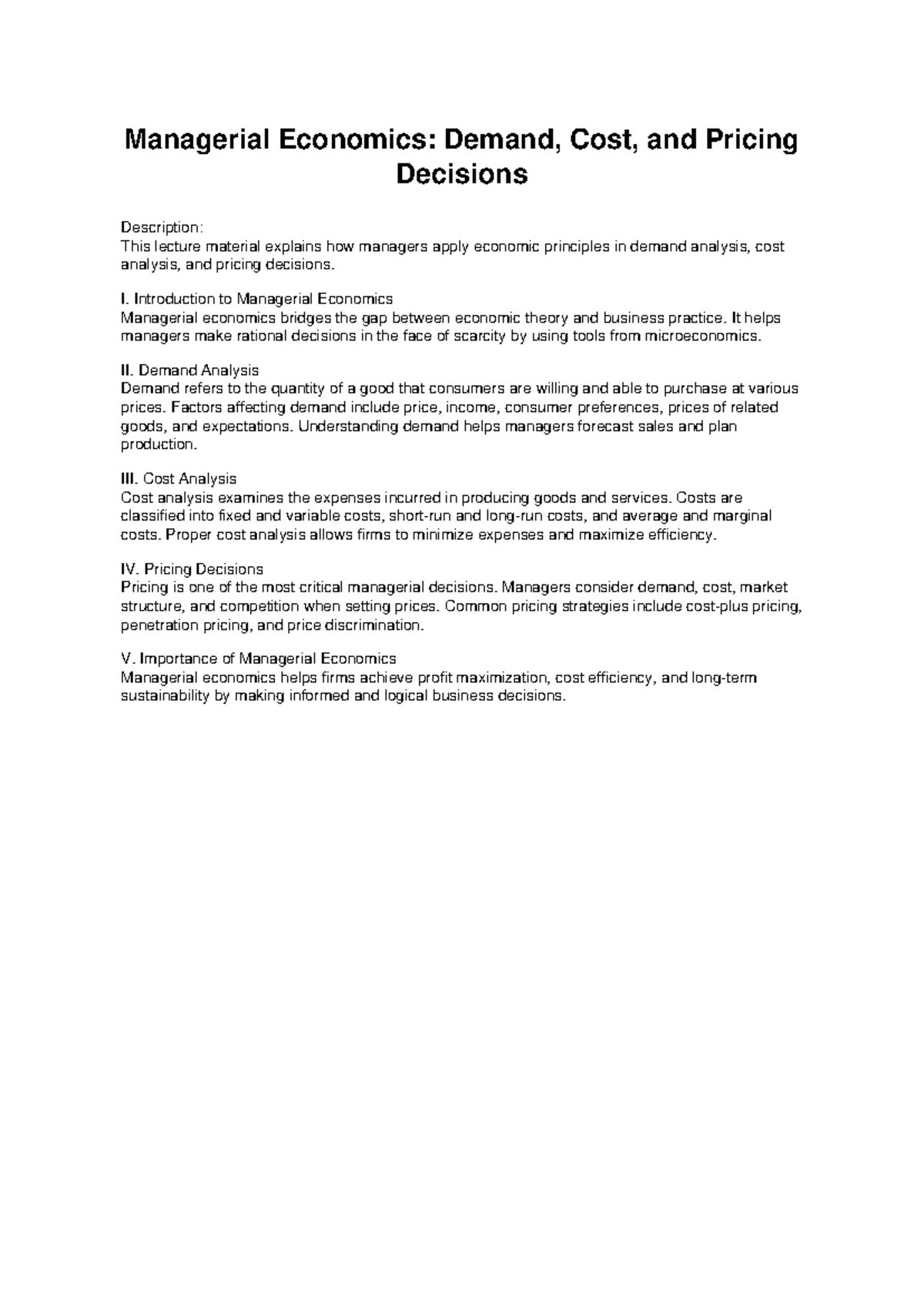 Managerial Economics: Demand, Cost & Pricing Decisions Lecture - Studocu