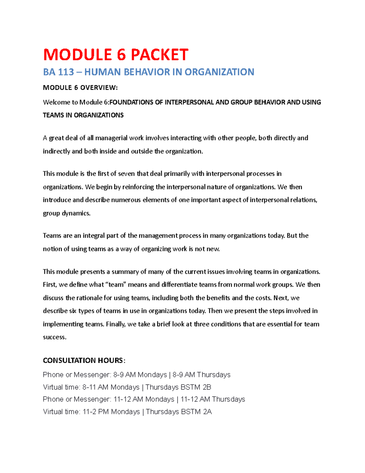 Module 6 - Foundations of Interpersonal & Group Behavior in BA 113 ...