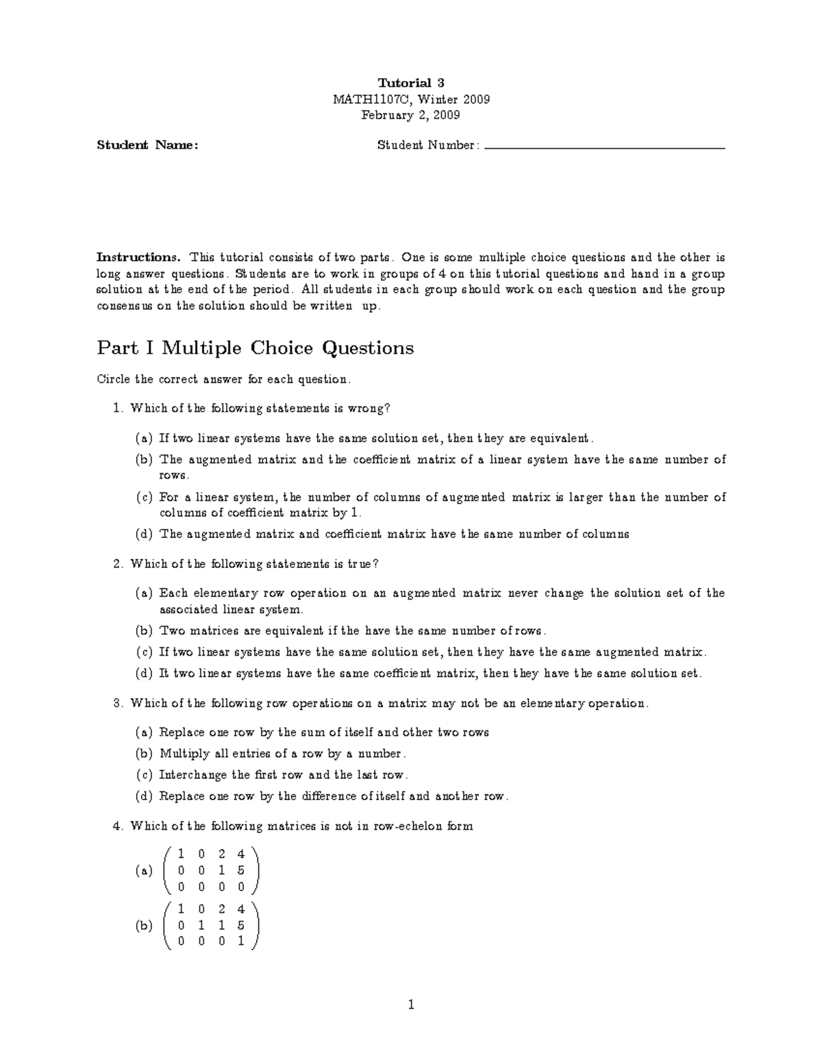 MATH1107C Tutorial 3: Multiple Choice & Long Answer Questions - Studocu