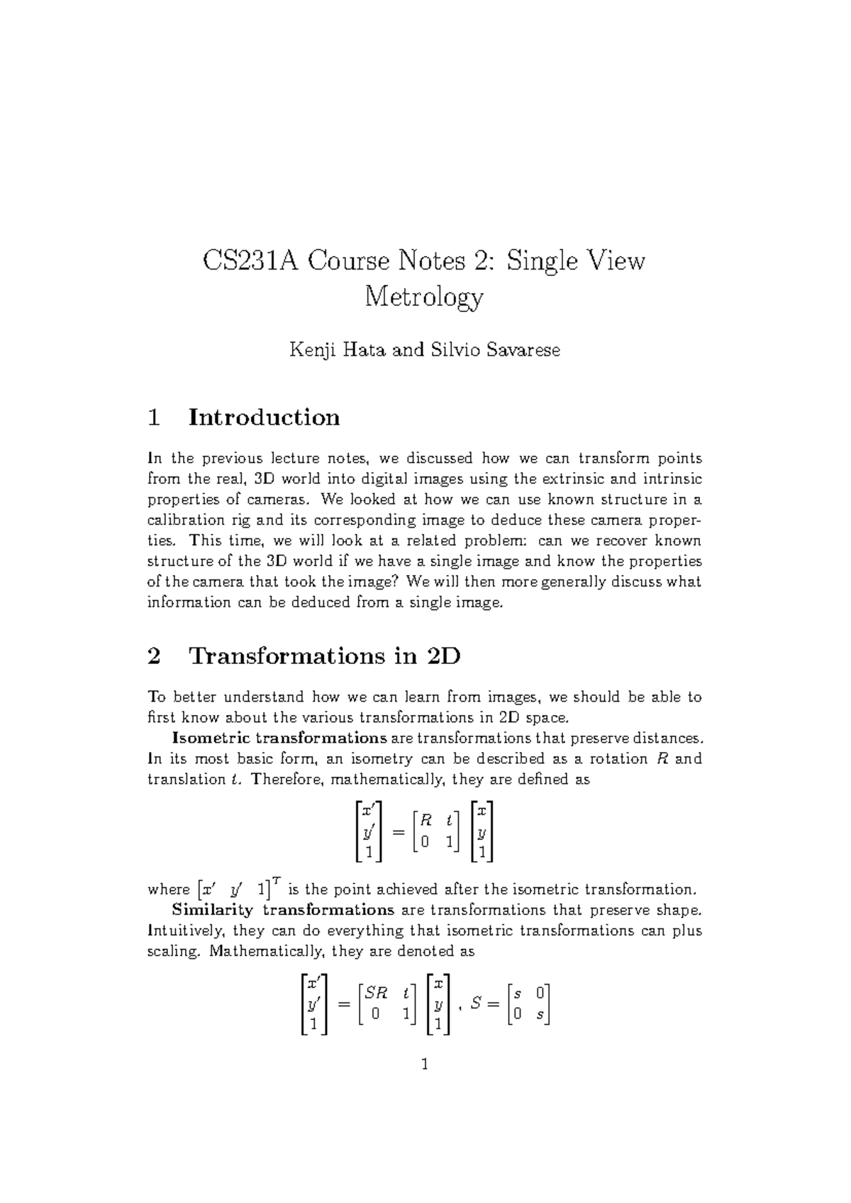 CS231A Final Exam Notes: Single View Metrology and Transformations ...