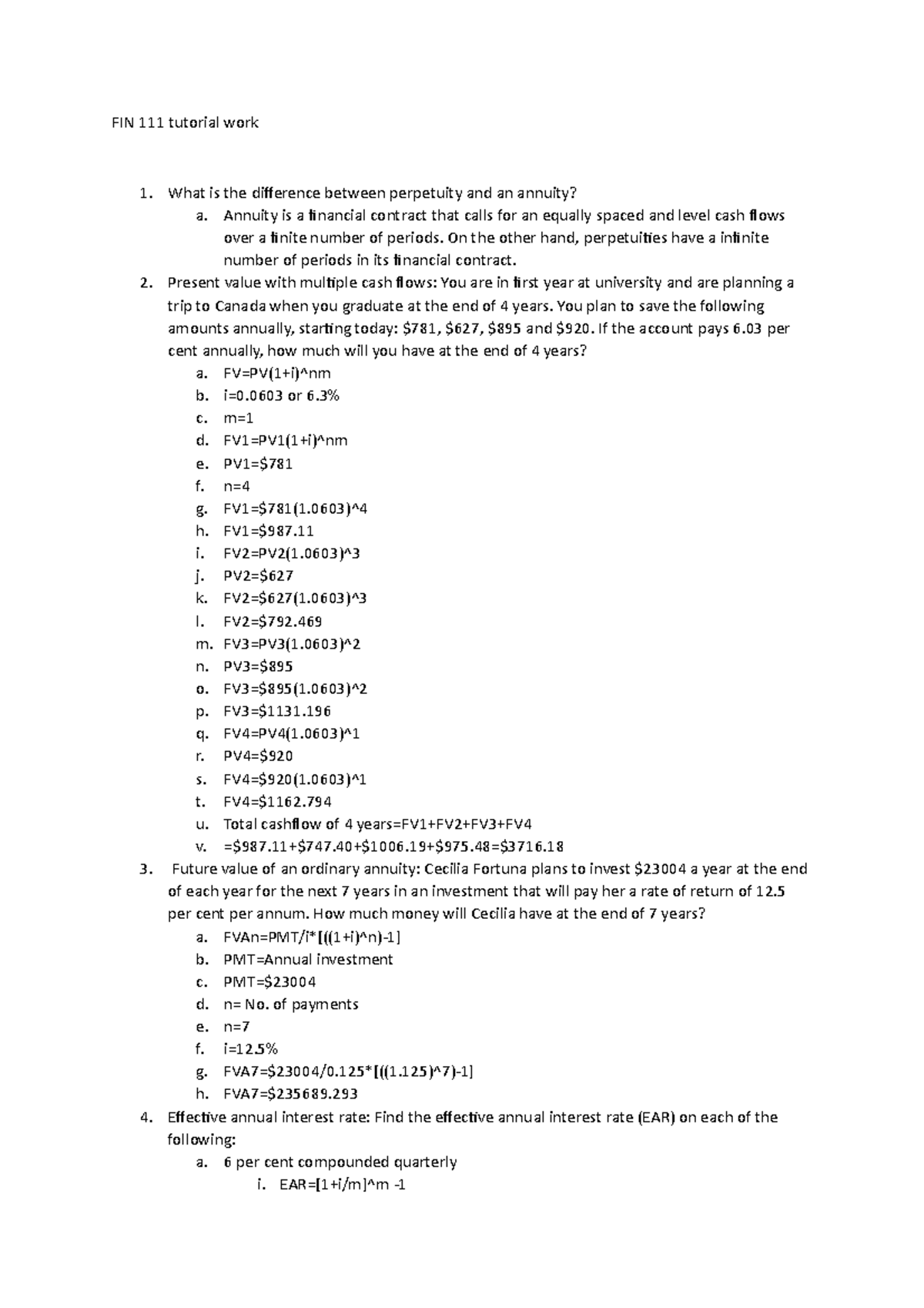 FIN 111 tutorial work 4 tutorial questions and tutorial works for a HD ...