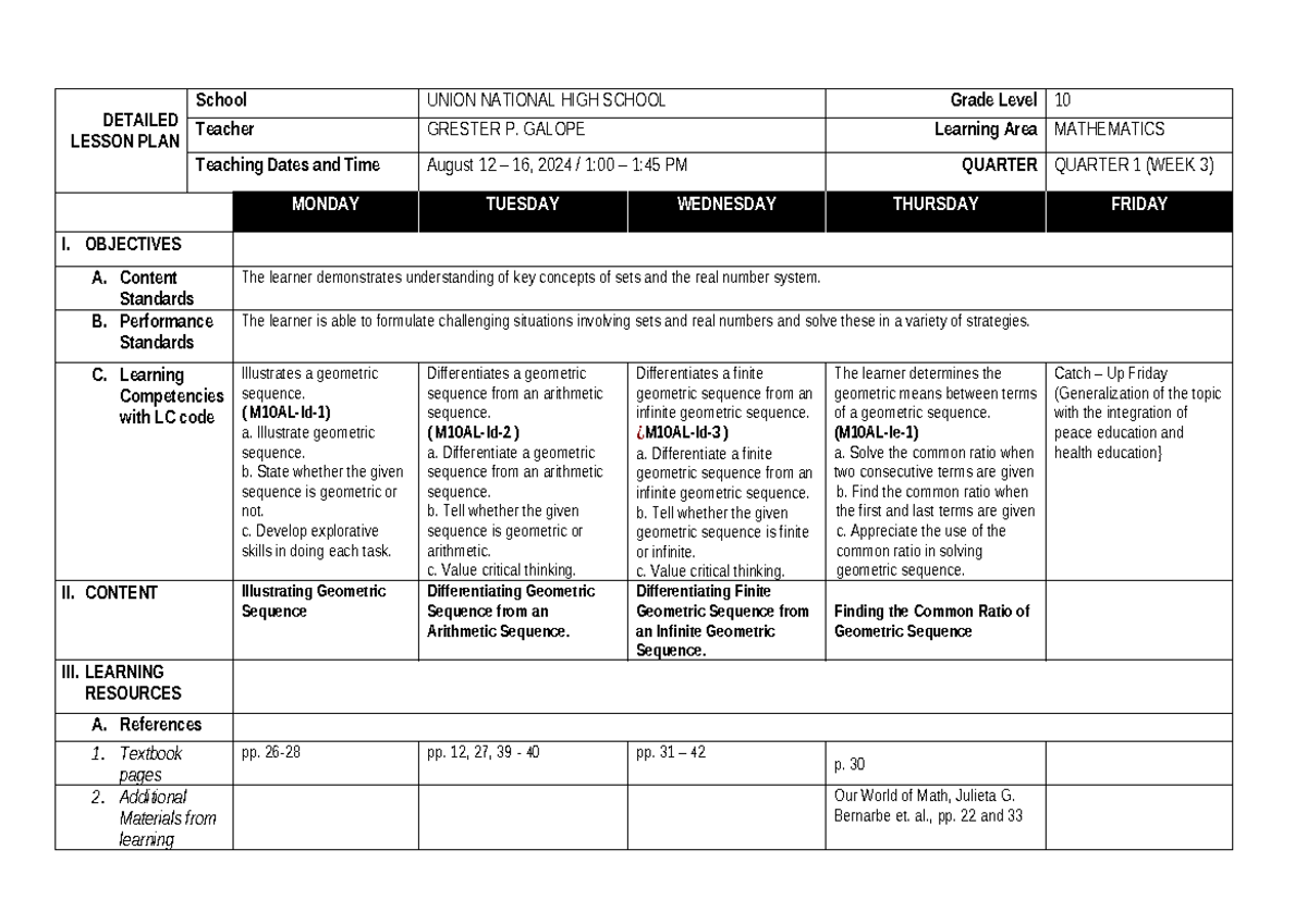 Quarter 1 Week 3 Lesson Plan: Understanding Geometric Sequences - Studocu