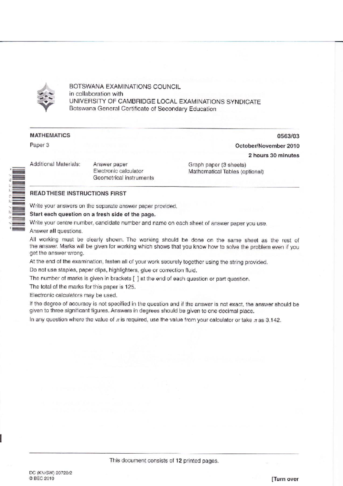 Botswana GCE Mathematics Paper 3 (2010-2021) Exam Notes - Studocu
