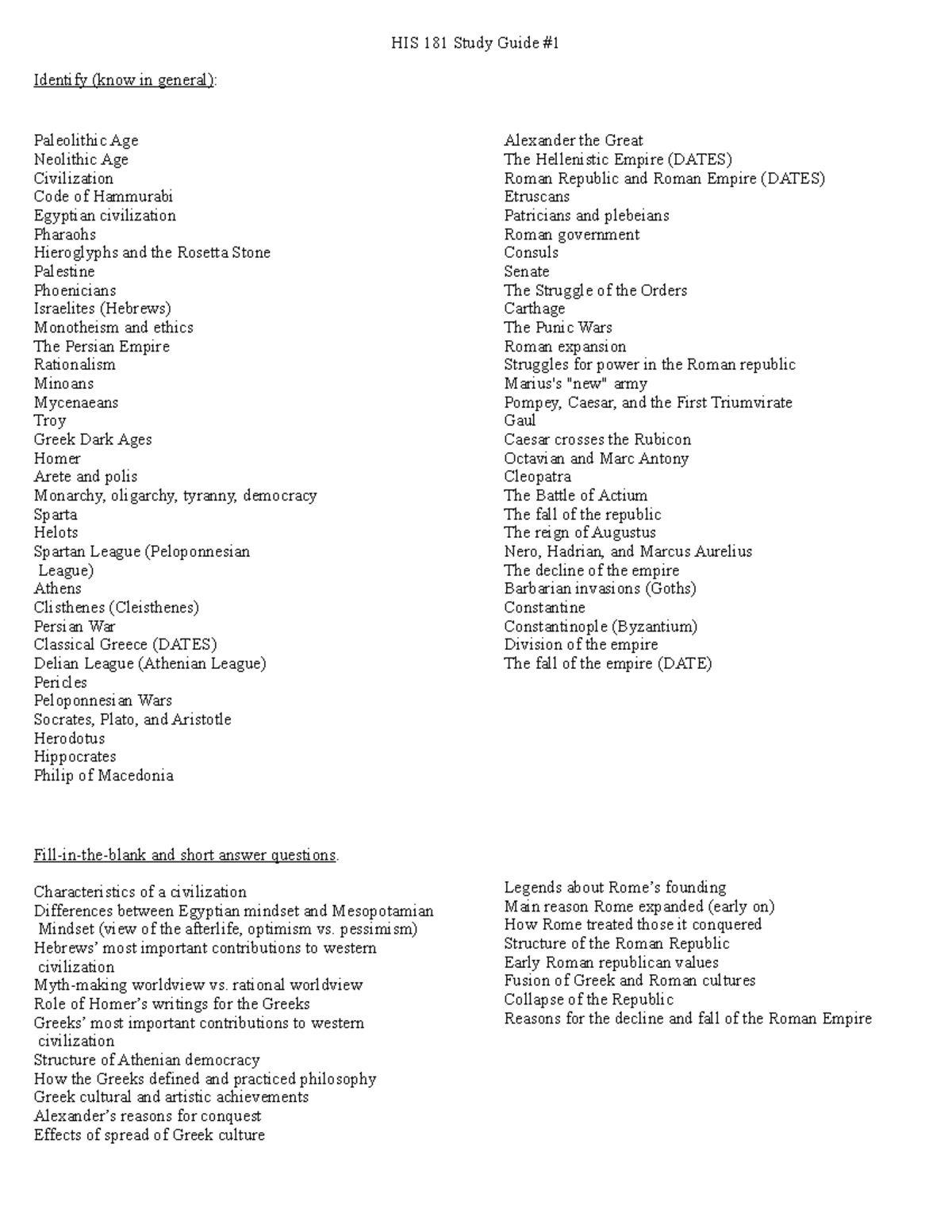 HIS 181 Study Guide #1: Key Concepts of Ancient Civilizations - Studocu