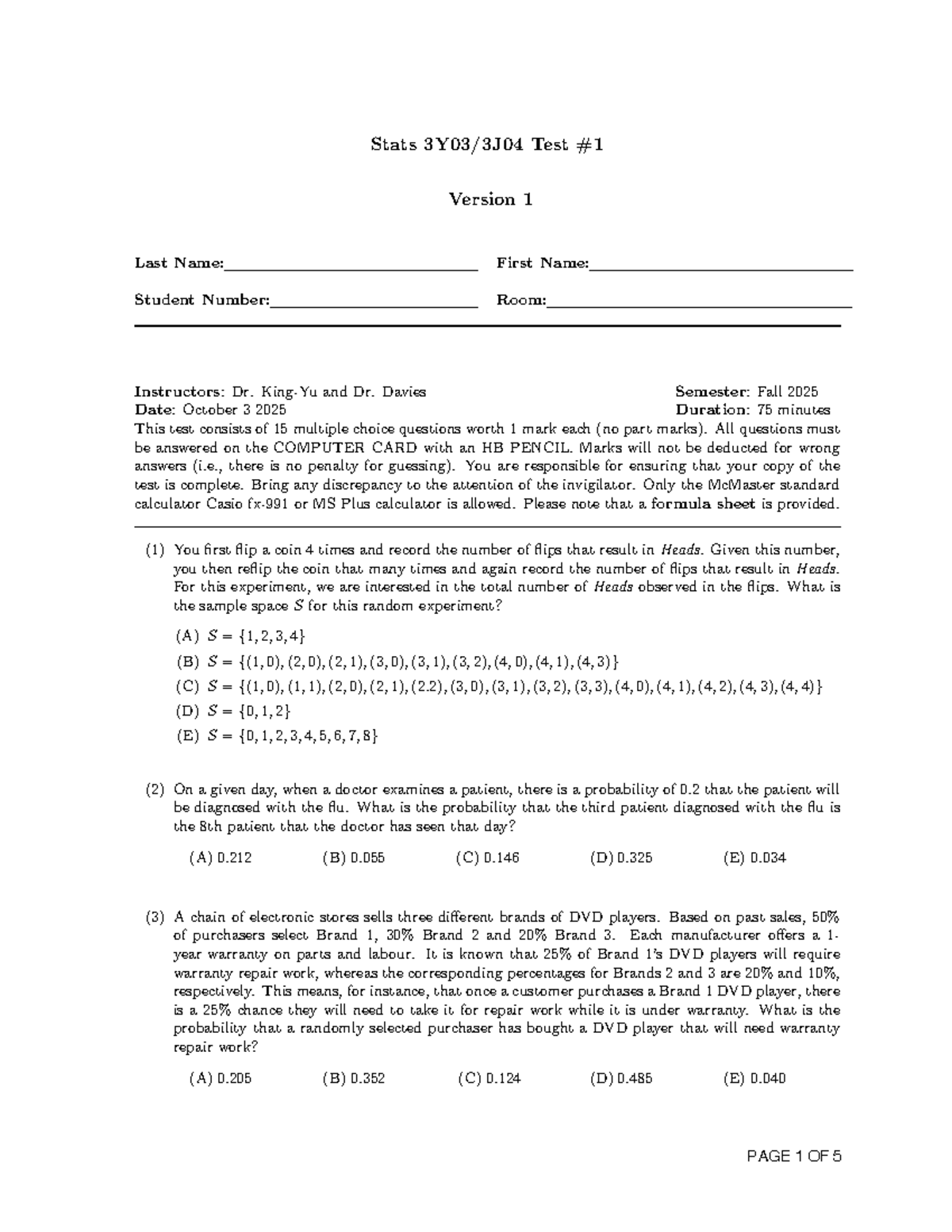 3Y03 Stats Test 1 - Fall 2025 Exam Instructions and Questions - Studocu
