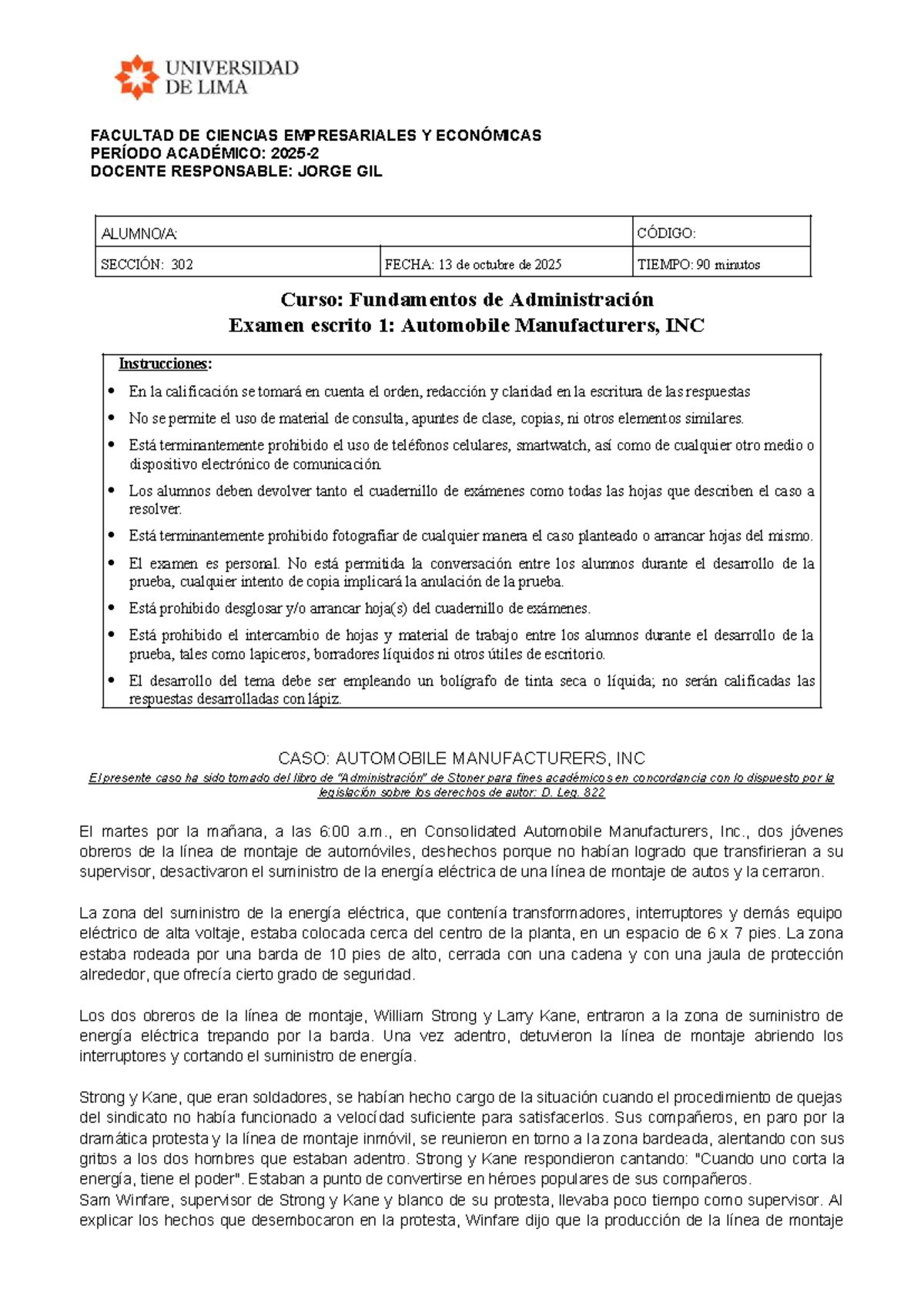 Examen Escrito 1: Estudio de Caso sobre Automobile Manufacturers, INC ...