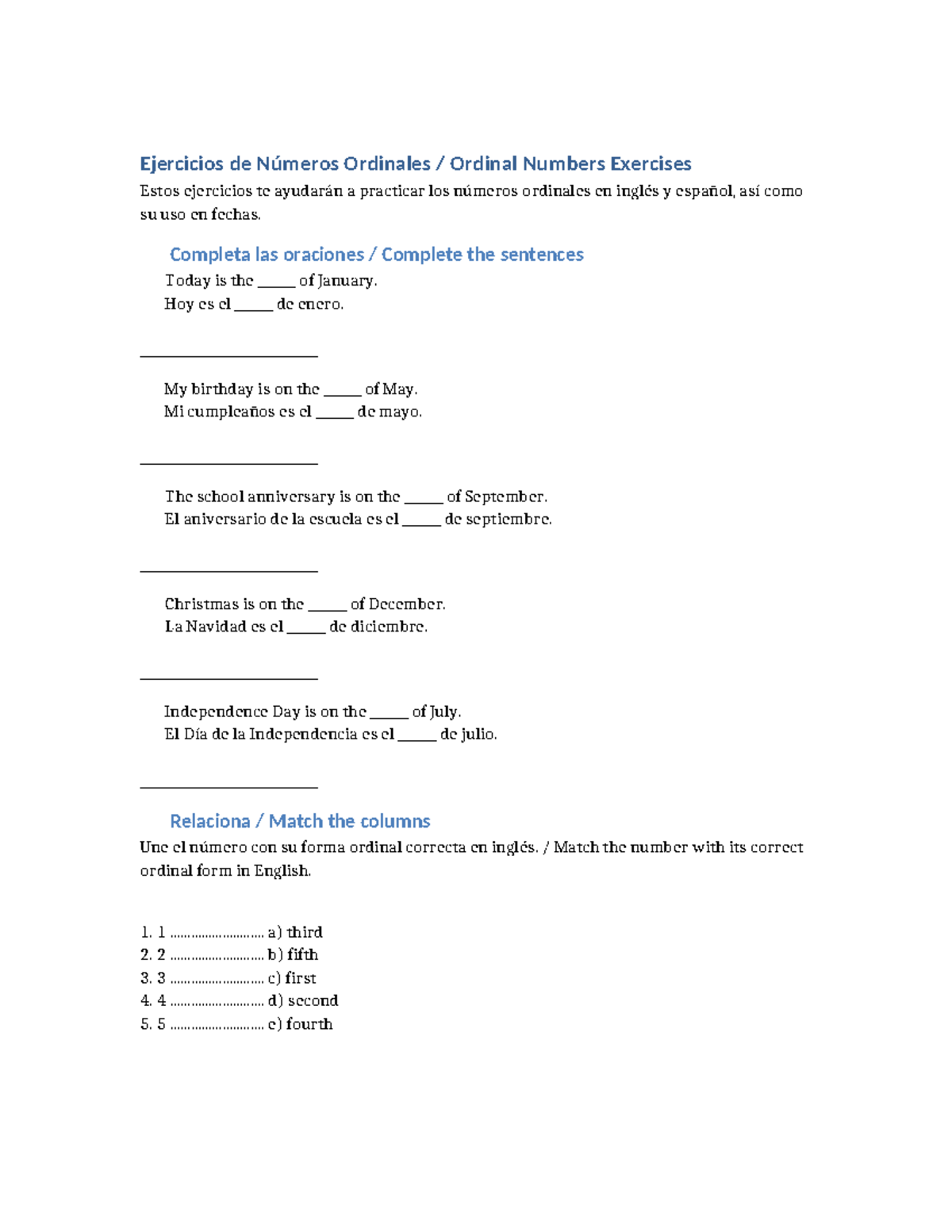 Ejercicios de Números Ordinales Bilingües / Ordinal Numbers Exercises ...