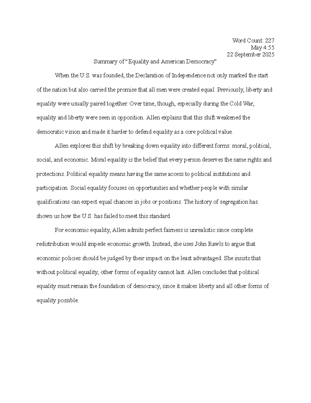 WA3 - Summary of Allen's Views on Equality and Liberty - Studocu