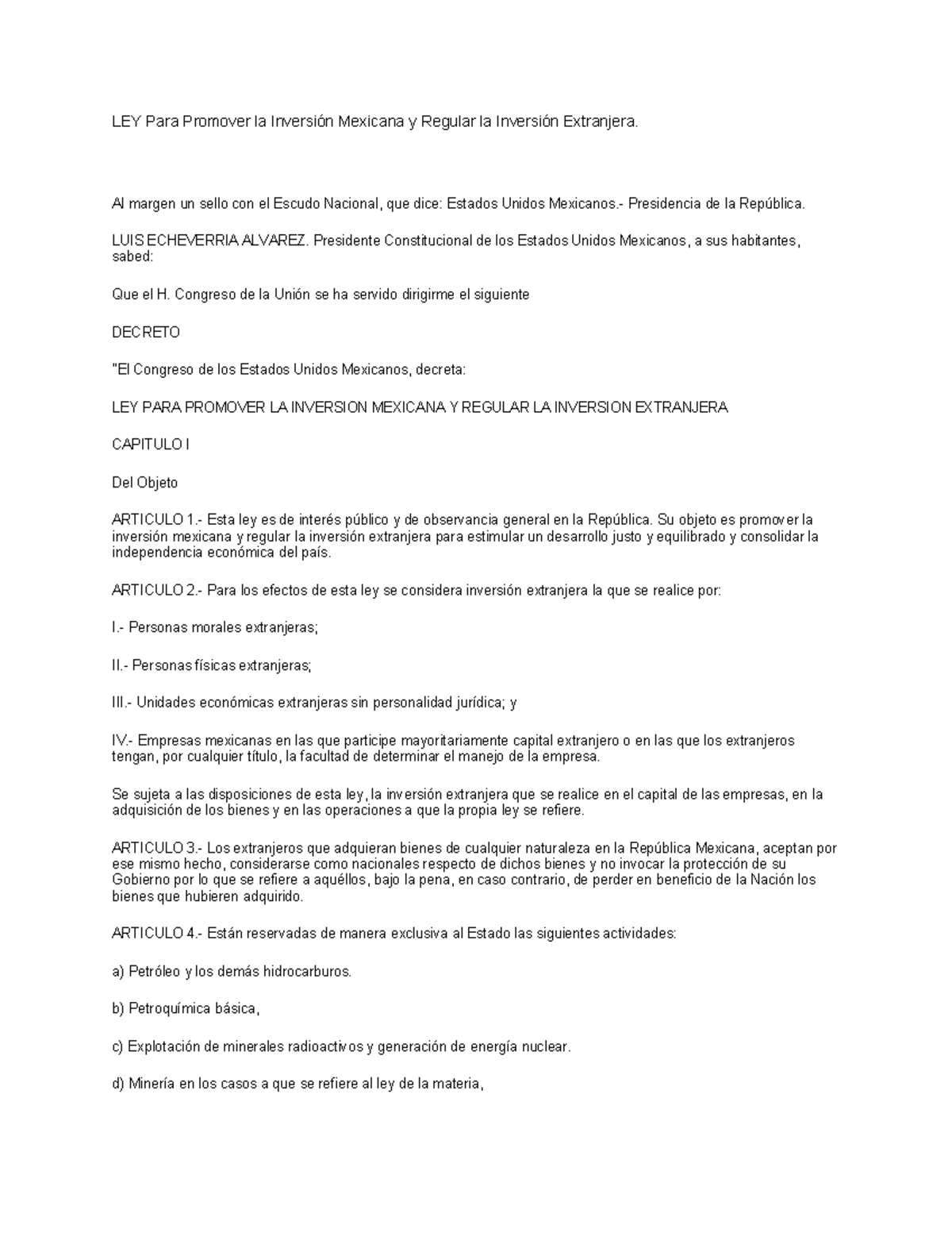 Ley de Inversión Extranjera: Promoción y Regulación en México - Studocu