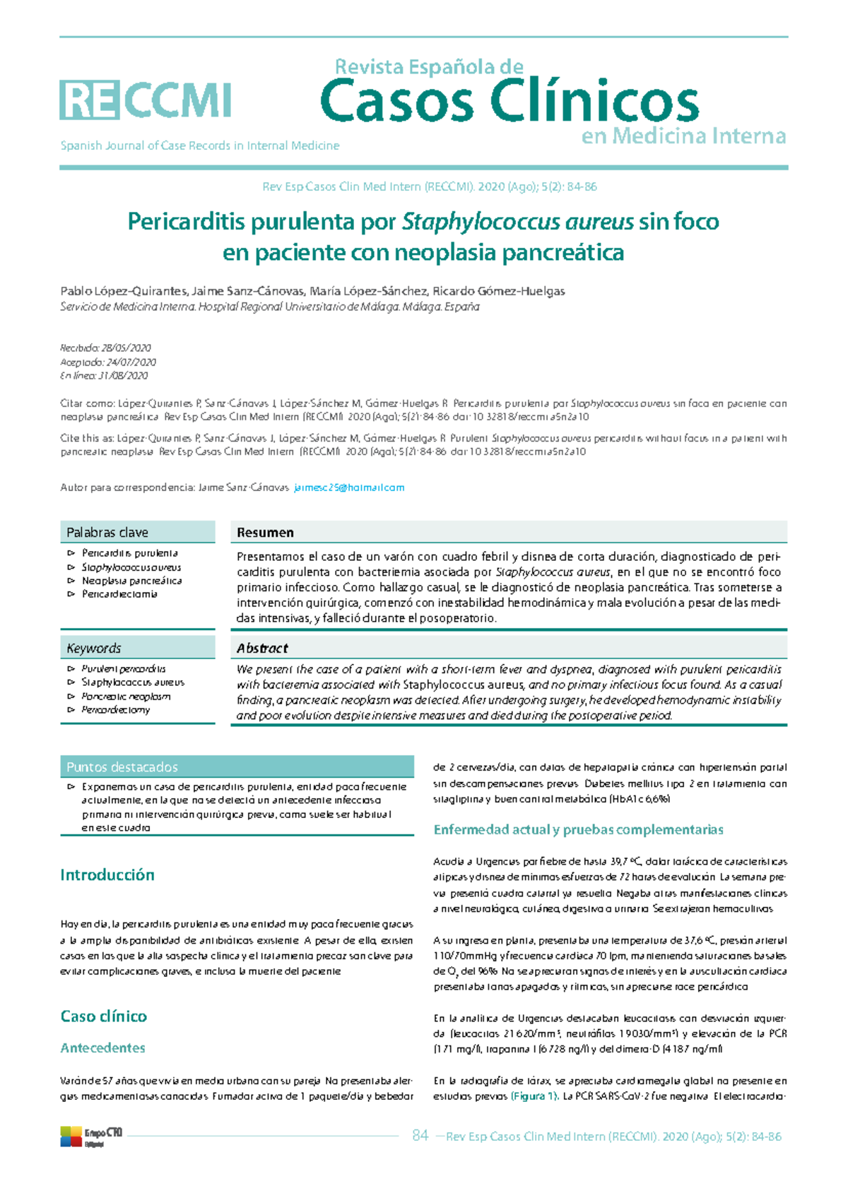 Caso Clínico: Pericarditis Purulenta por Staphylococcus aureus en ...