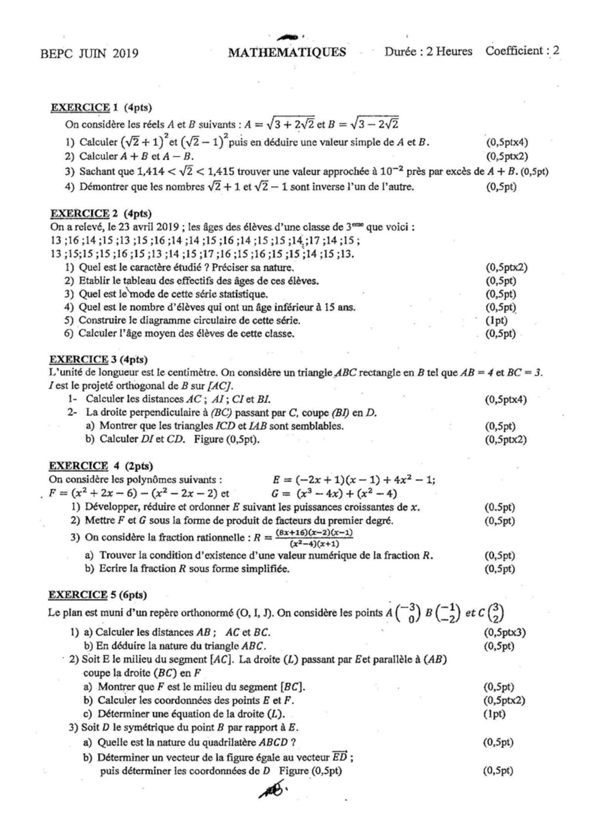 Préparation Sujet BEPC 2024 - Mathématiques Examens et Exercices - Studocu