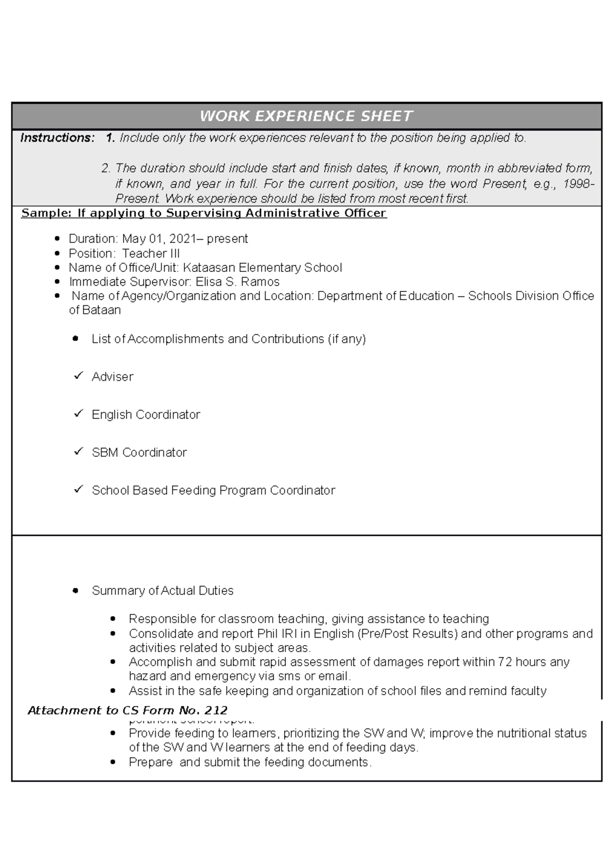Cs-form-no.-212-attachment-work-experience-sheet 1 - WORK EXPERIENCE SHEET Instructions: 1 ...