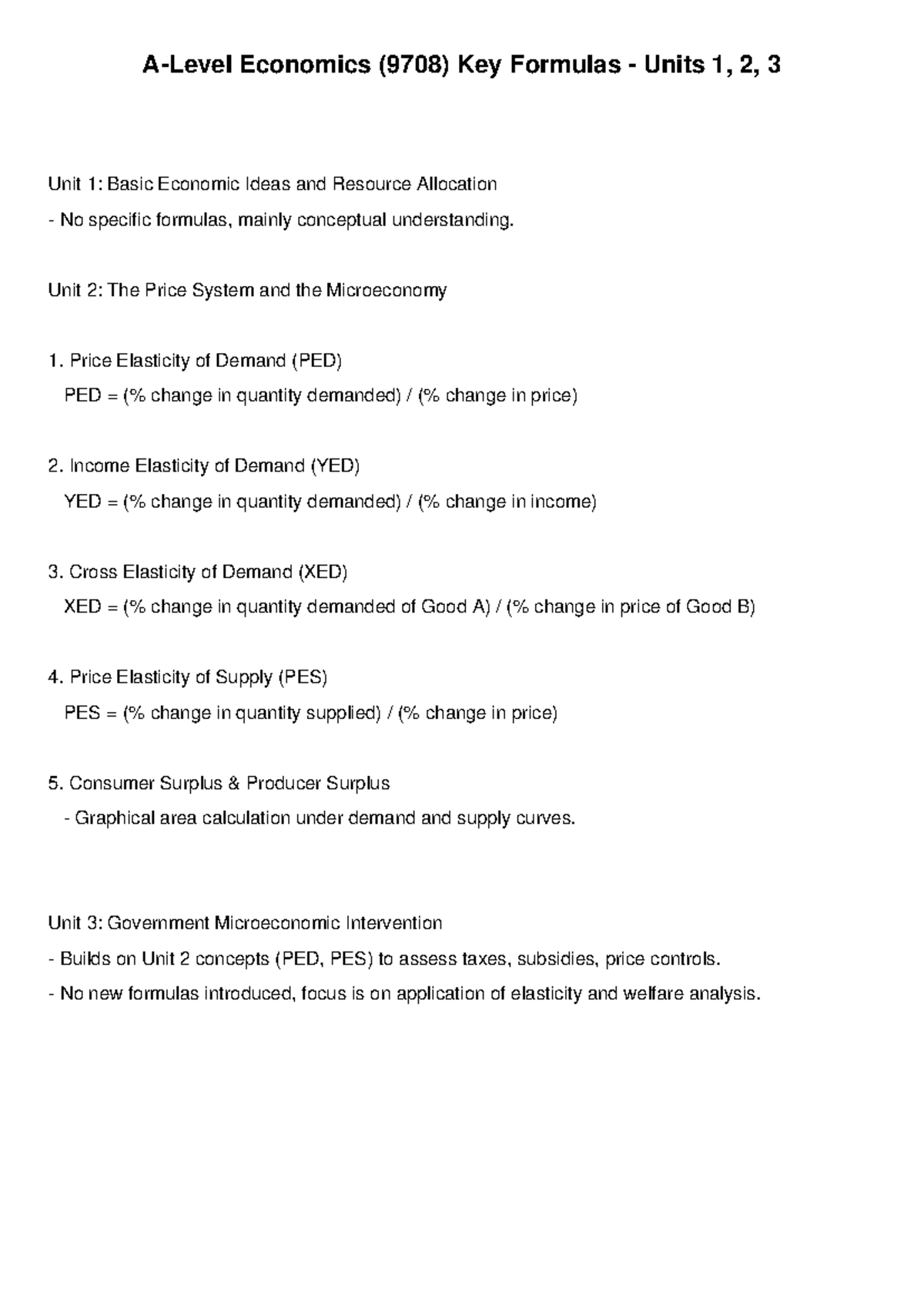 A Level Economics 9708 Units 1 2 3 Formulas - A-Level Economics (9708 ...