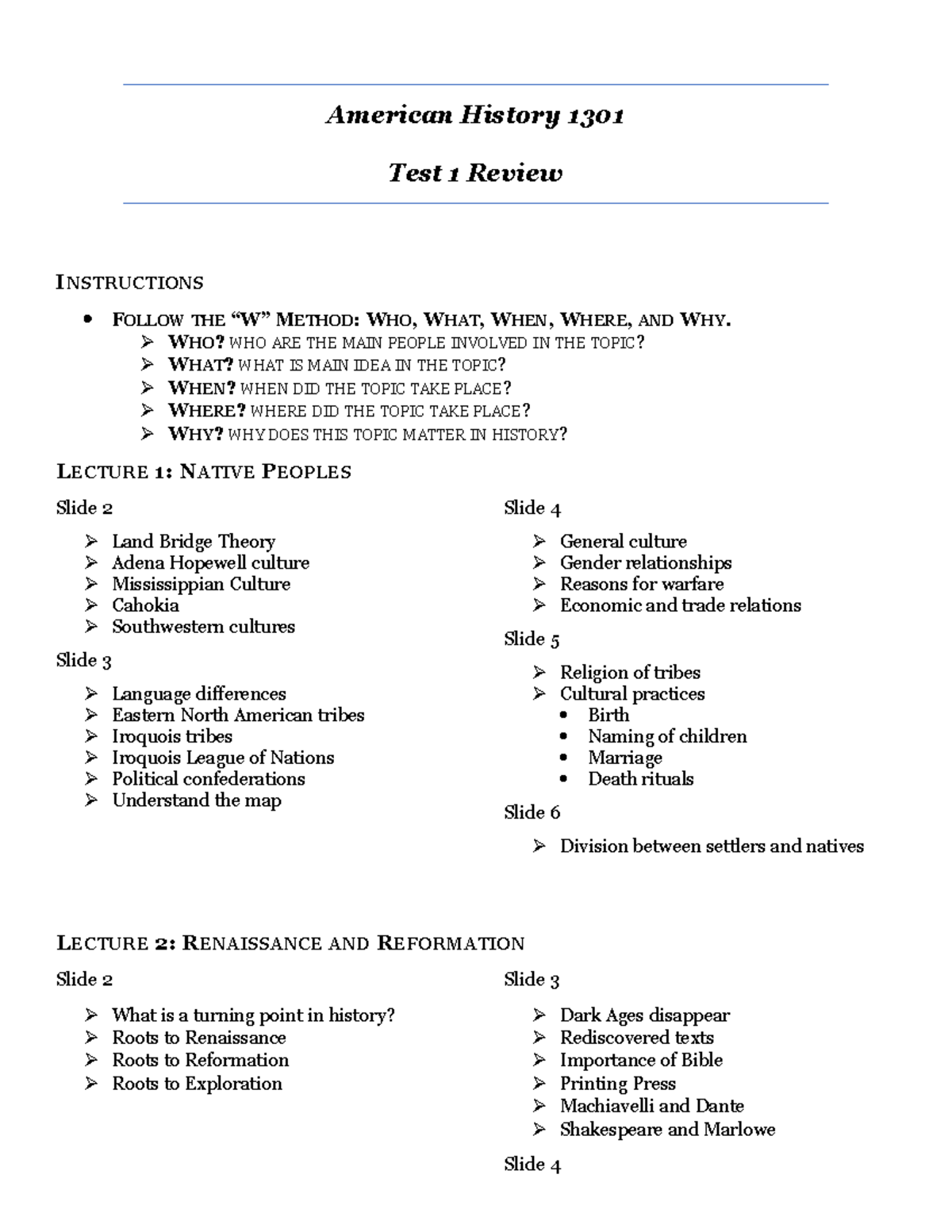 Test 1 Review - American History 1301 Test 1 Review INSTRUCTIONS FOLLOW ...