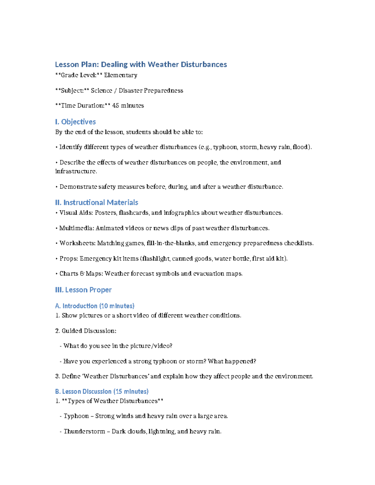 Detailed Lesson Plan on Weather Disturbances for Elementary Science ...