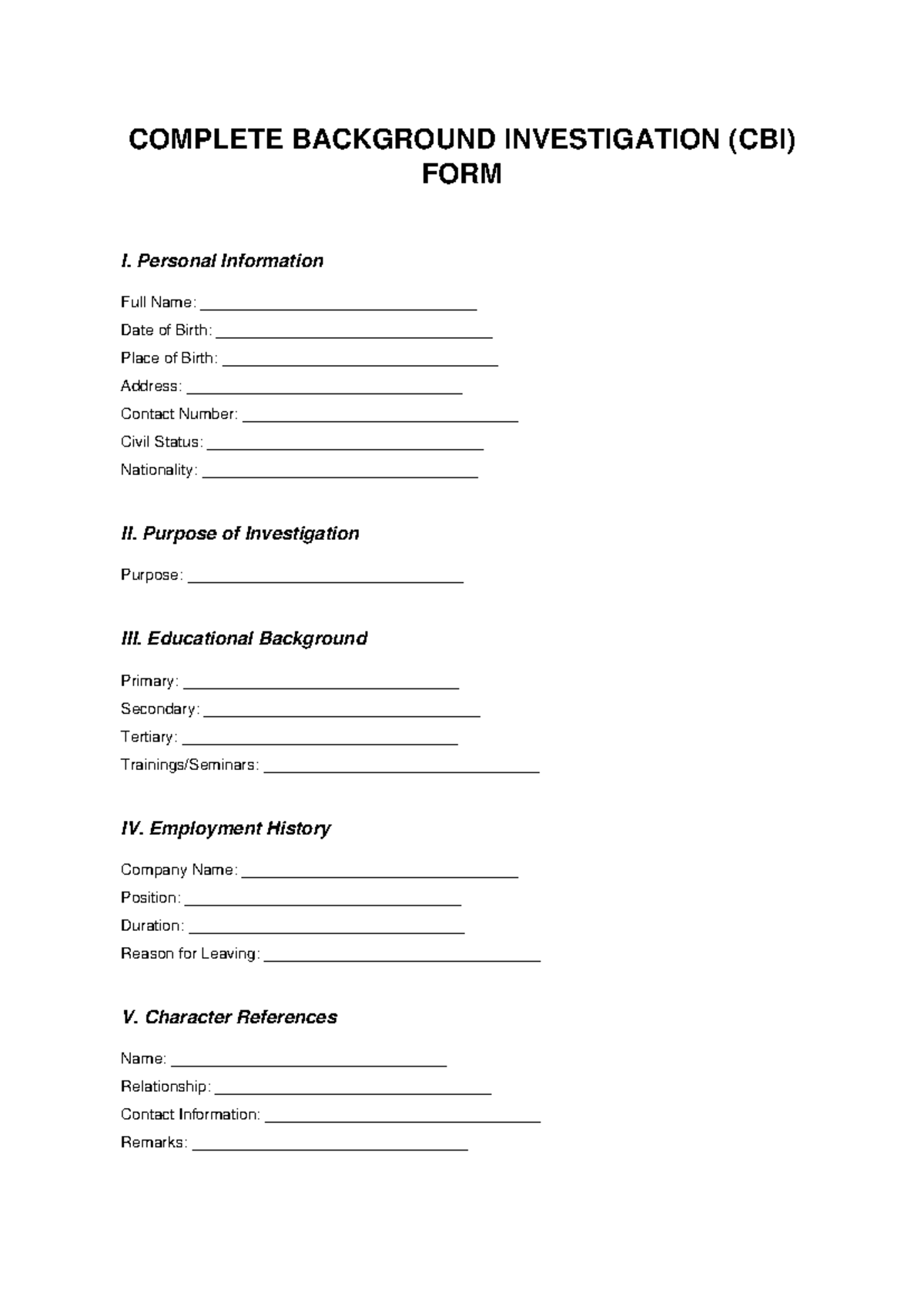 CBI Form - Another form of Complete Background Investigation - COMPLETE ...