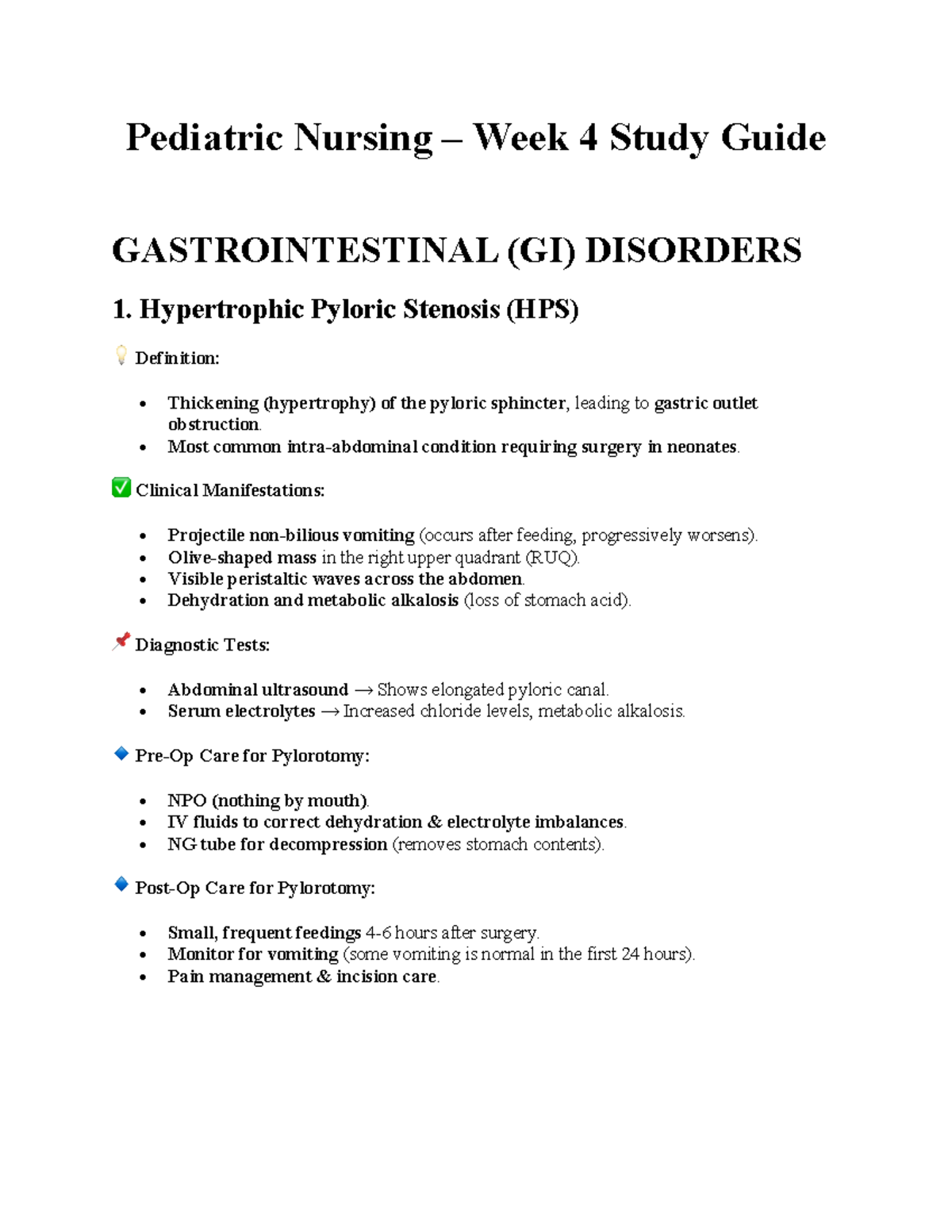 Peds 101 Week 4 Study Guide On Gi Endocrine Disorders In Children