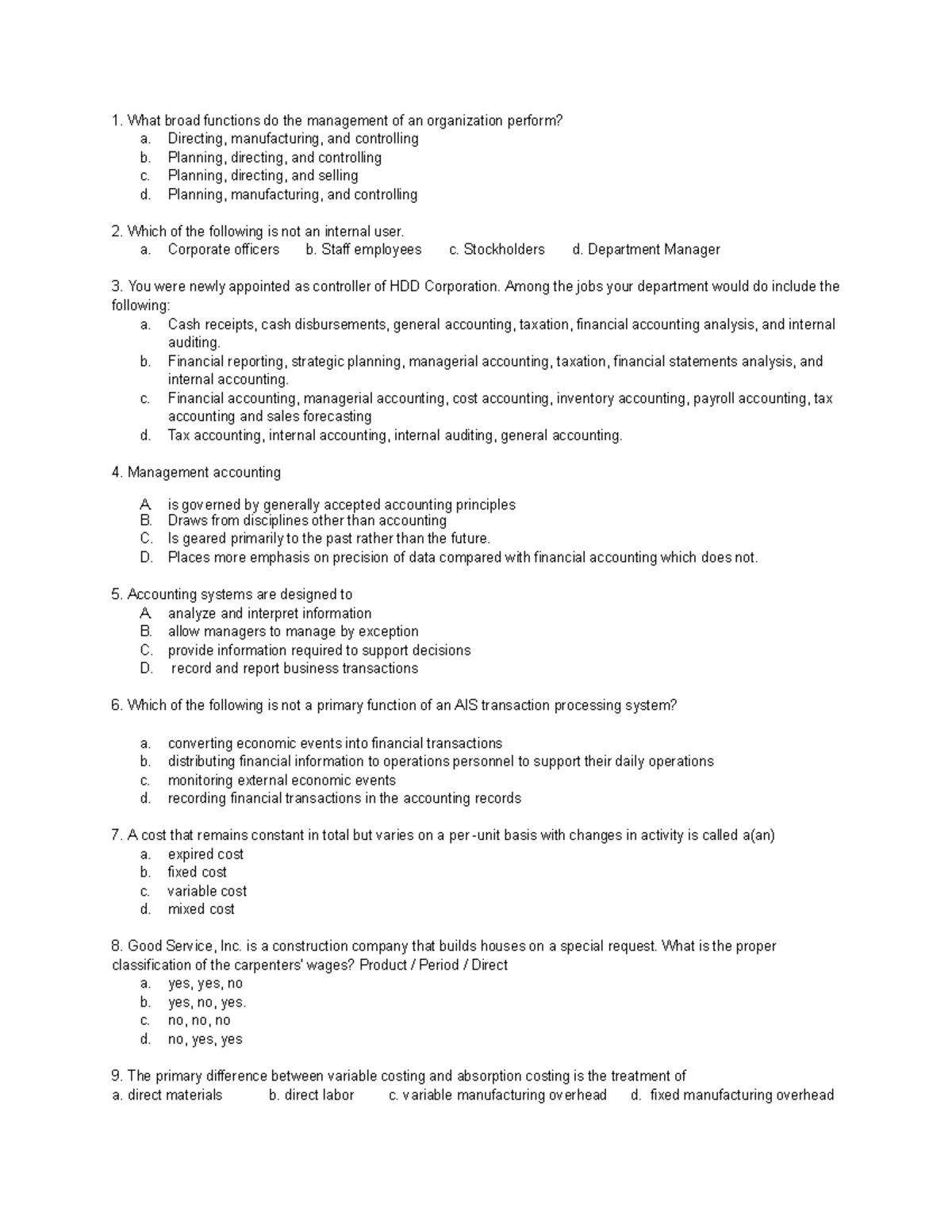 1. Management Functions and Accounting Concepts - PRACTICE QS - Studocu