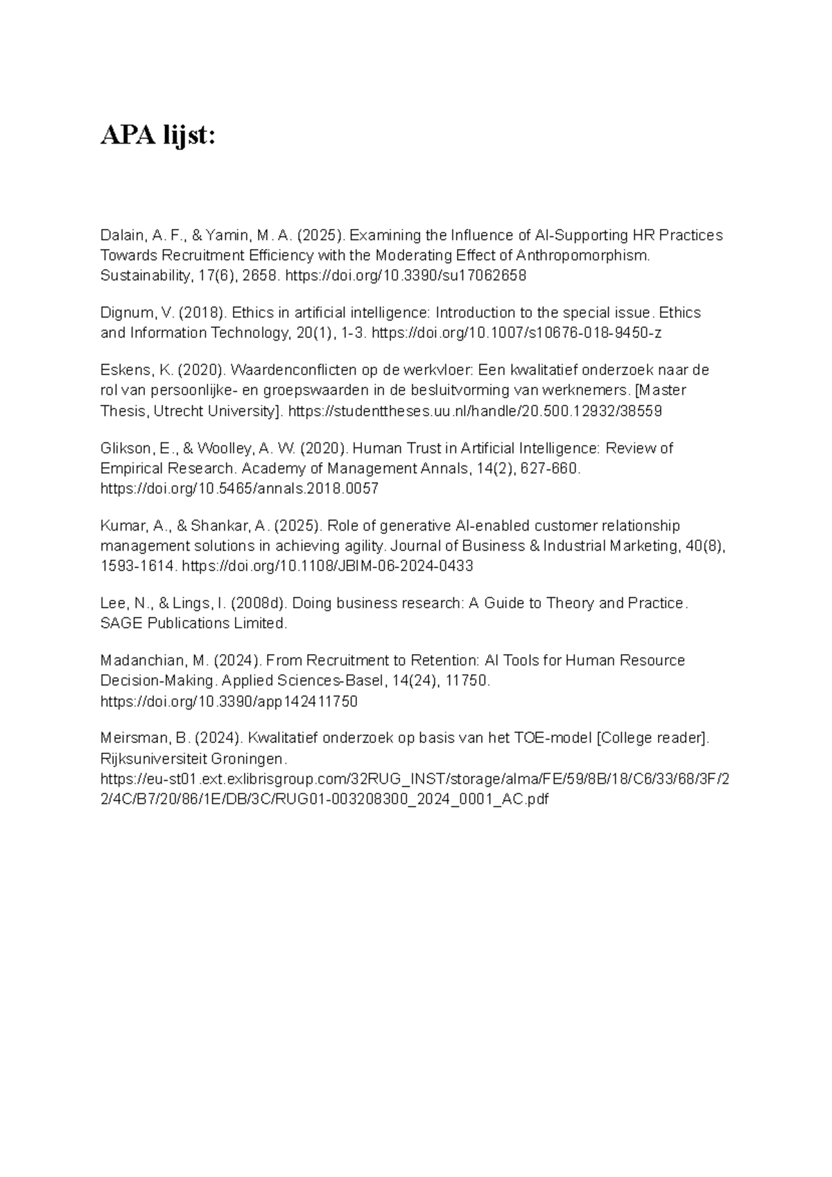 APA Referencing List for HR & AI Studies - Studeersnel