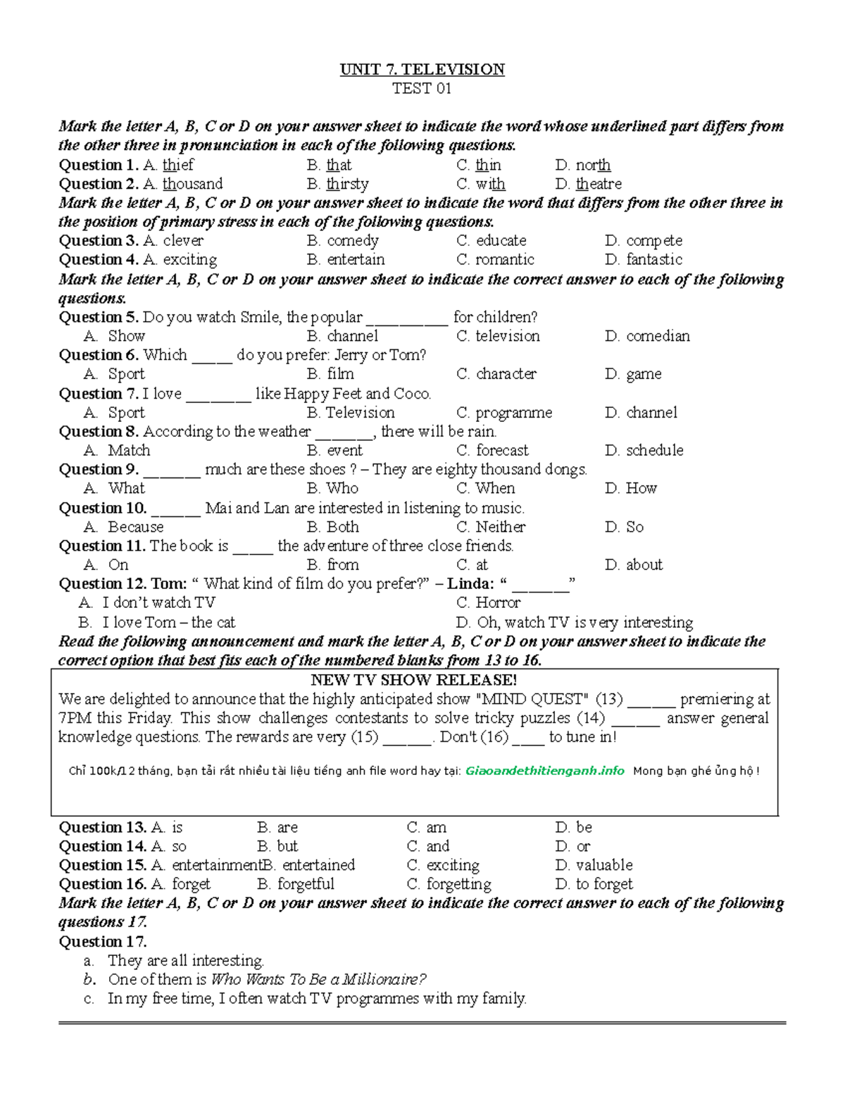 UNIT 7. TELEVISION TEST 01 & 02: Listening & Comprehension Exercises ...
