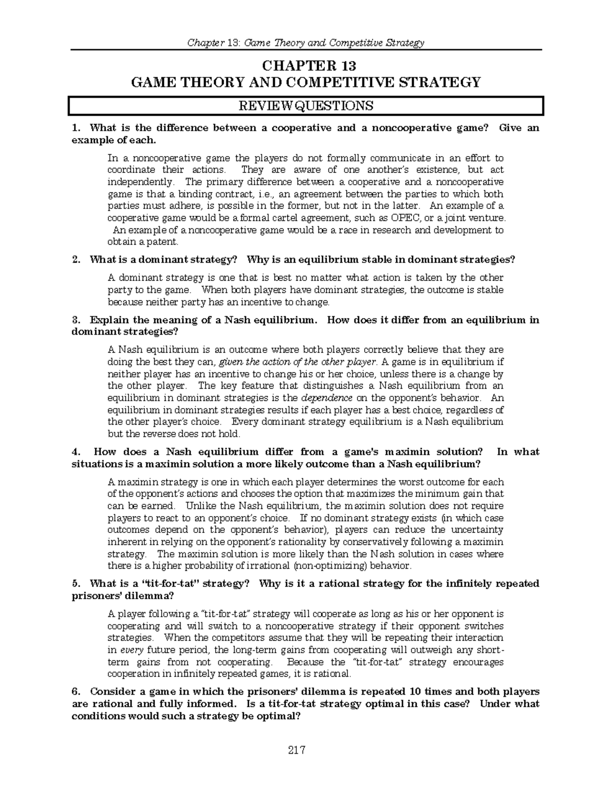 Chapter 13: Game Theory & Competitive Strategy Overview and Key ...