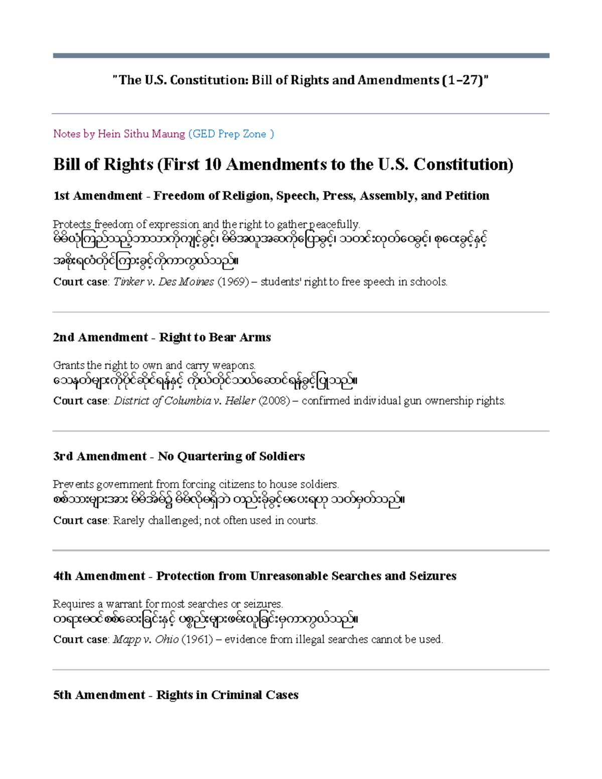 GED Prep Zone: Bill of Rights & Amendments Study Notes - Studocu