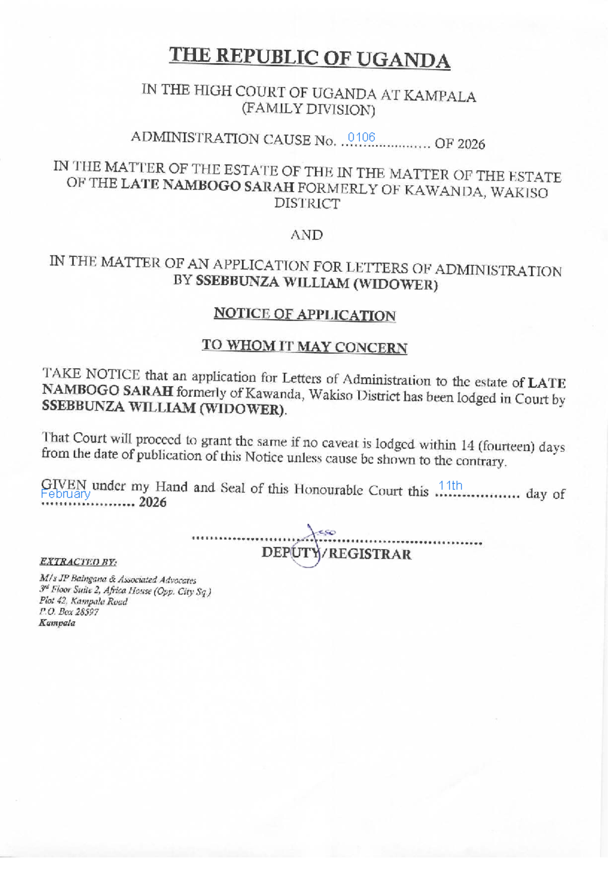 AC-106-2026 - Notice of Application for Letters of Administration - Studocu