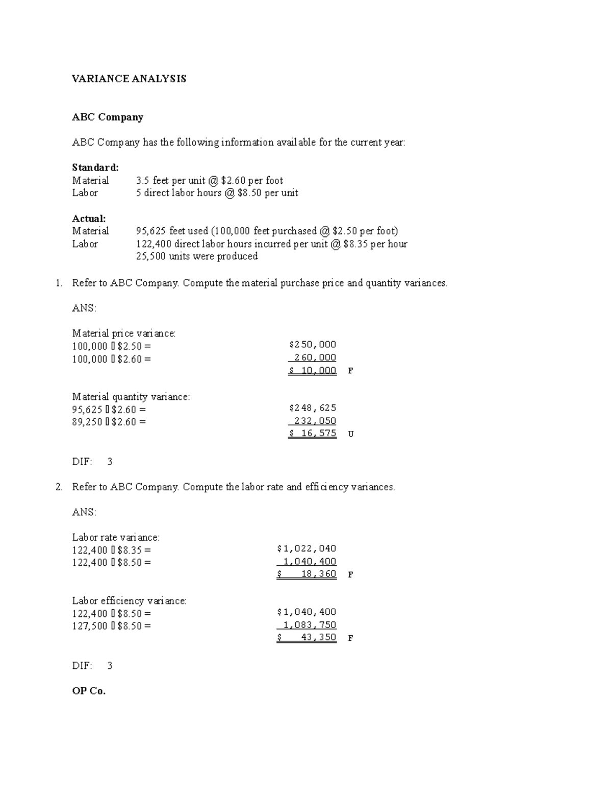 Variance Analysis Problems and Answers - VARIANCE ANALYSIS ABC Company ABC Company has the ...