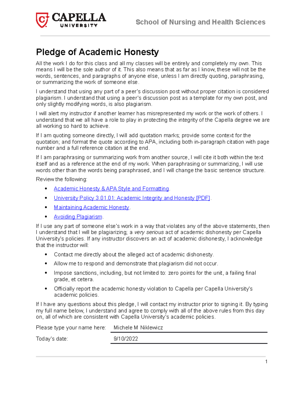 NHS-FPX5004 Academic Honesty Pledge by Michele Niklewicz - Studocu