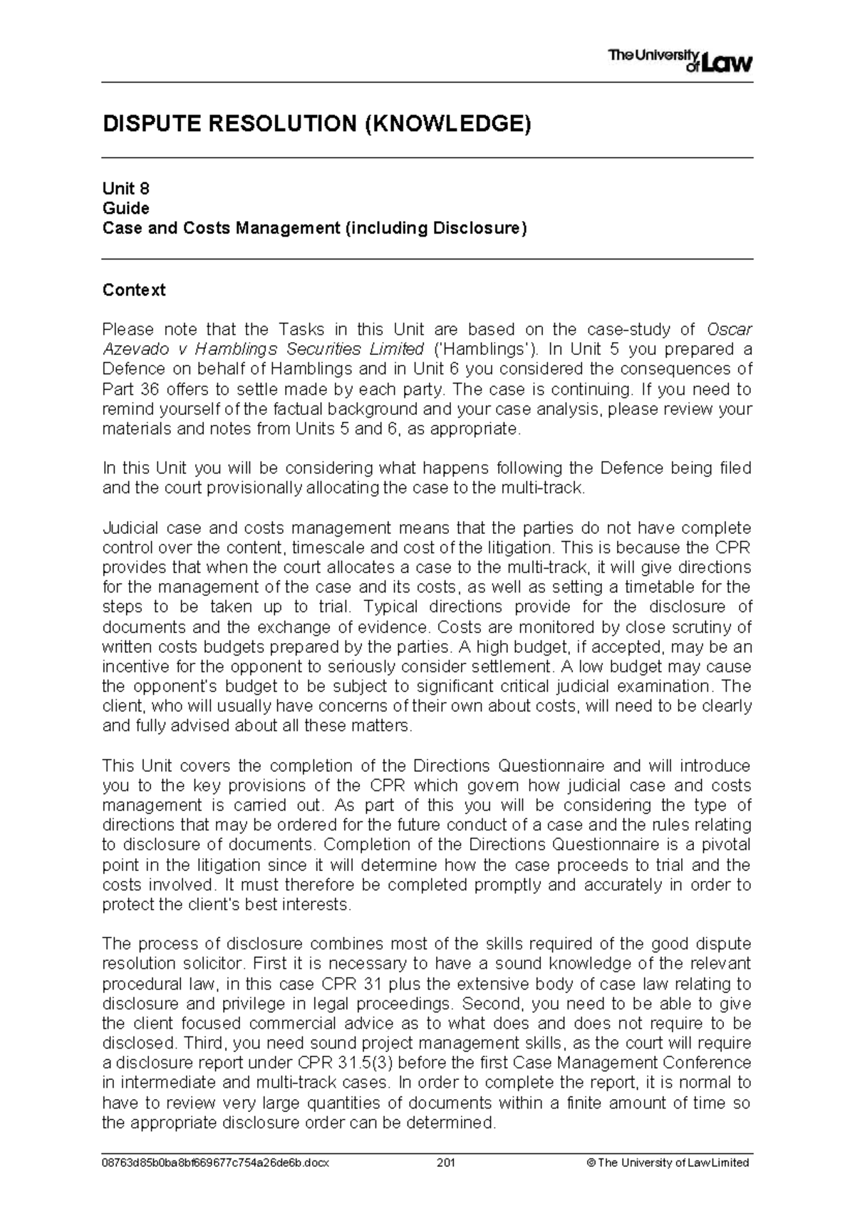 DISPUTE RESOLUTION (WS08) Unit 8 Case & Costs Management Guide - Studocu