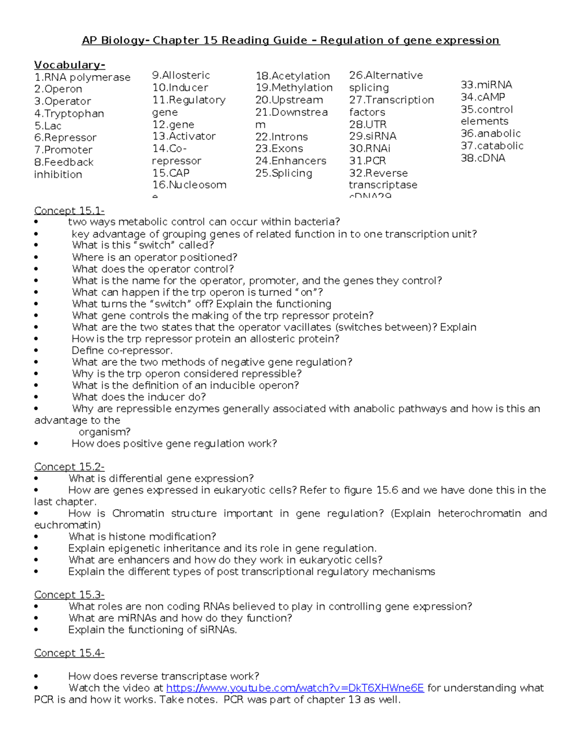 AP Biology - Chapter 15 Reading Guide: Gene Expression Regulation - Studocu