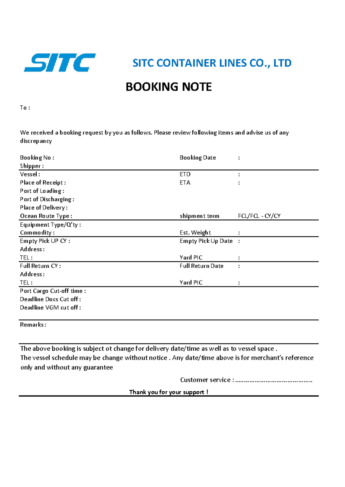 TV1 - SITC Booking Template - Mẫu Trắng for Shipping Documentation ...