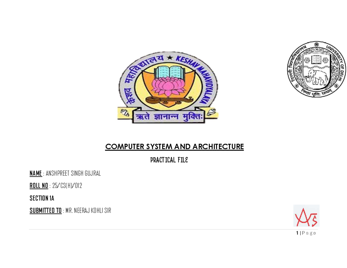 CSA Practical File: Computer System & Architecture Exercises - Studocu