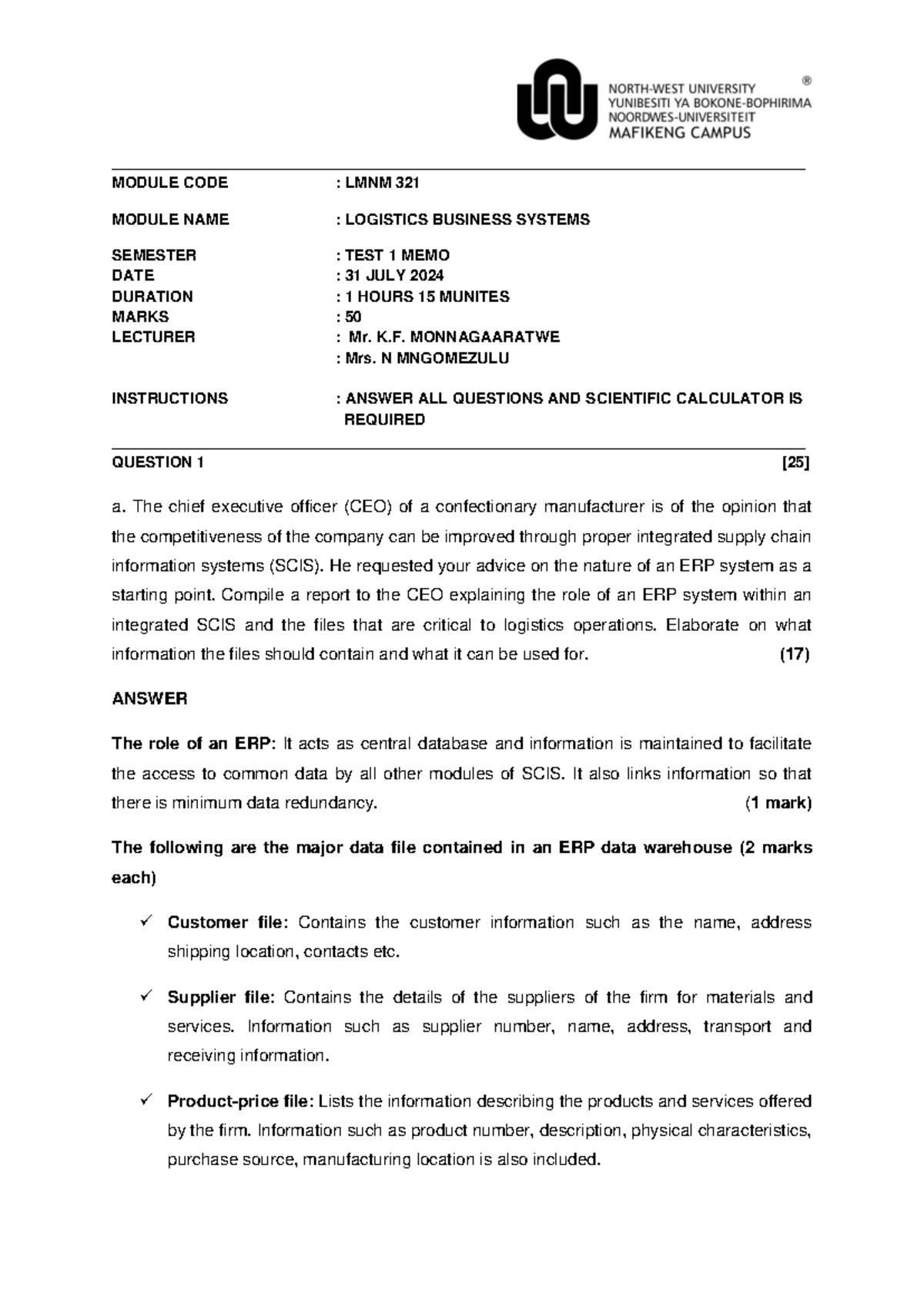 LMNM 321 Test 1 Memo - Logistics Business Systems July 2024 - Studocu