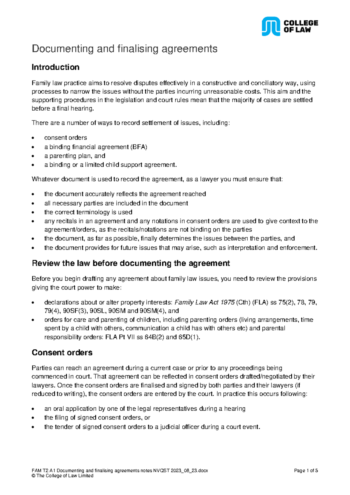 FAM T2 A1 Notes on Documenting & Finalising Agreements NVQST 2023 - Studocu