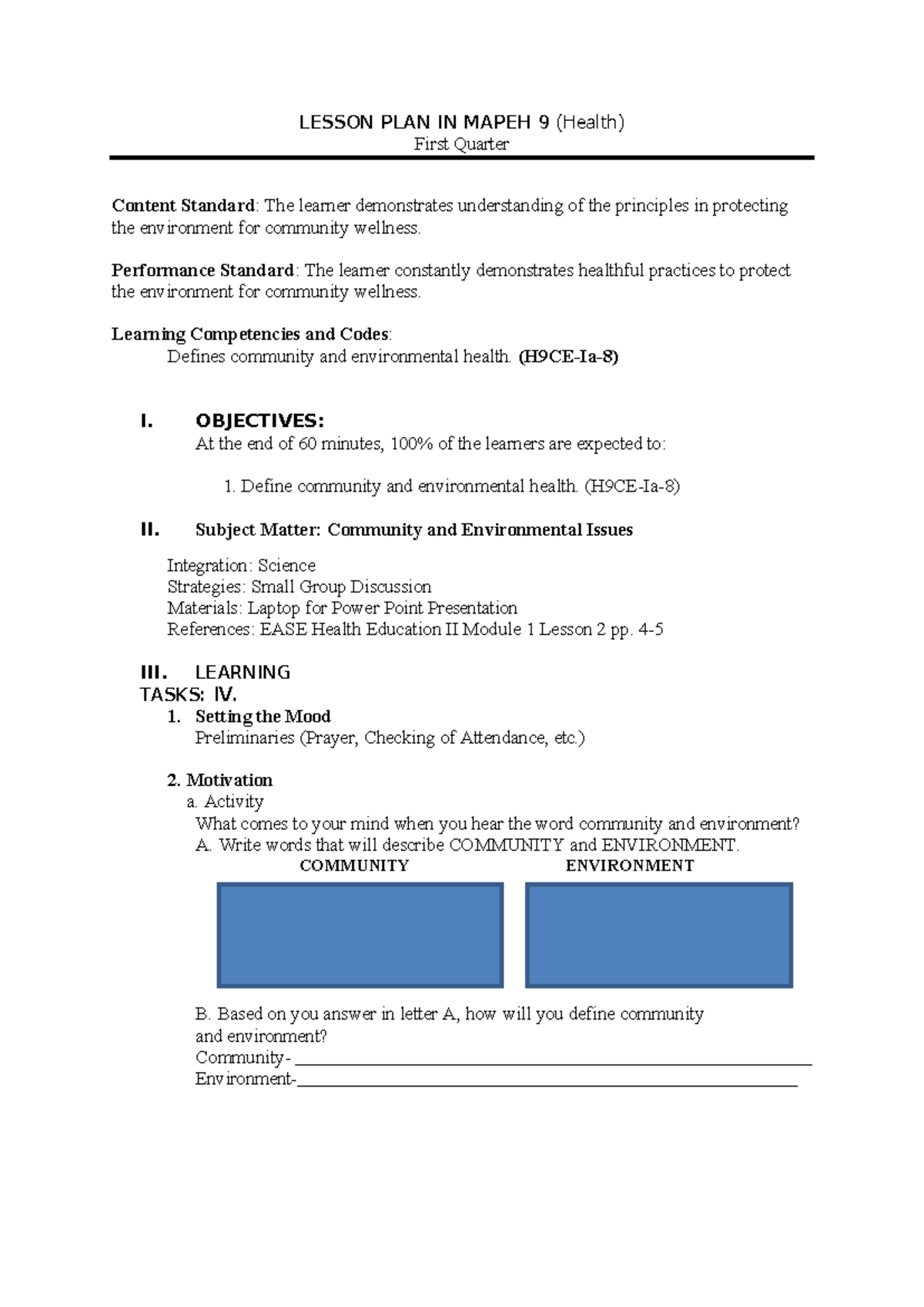 MAPEH 9 Lesson Plan: Community and Environmental Health (H9CE-Ia-8 ...