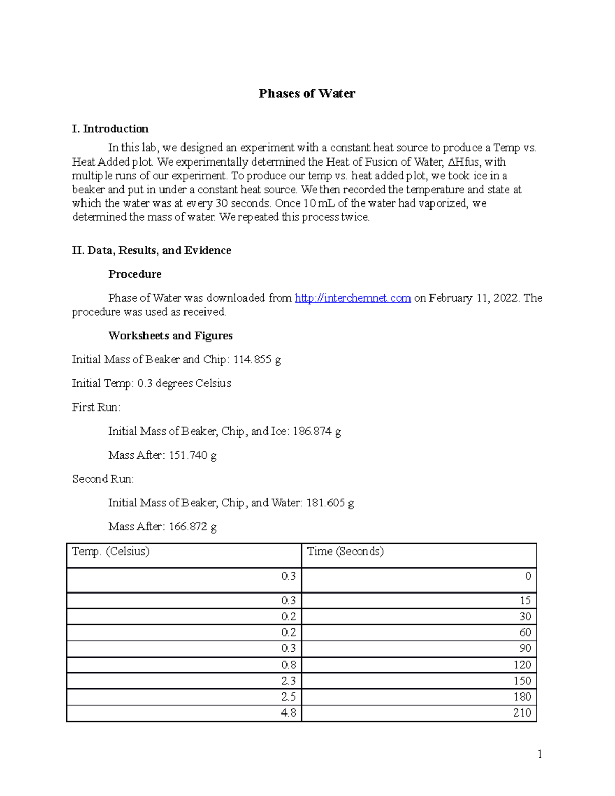 Phases of water lab - gen chem 2 - Phases of Water I. Introduction In ...