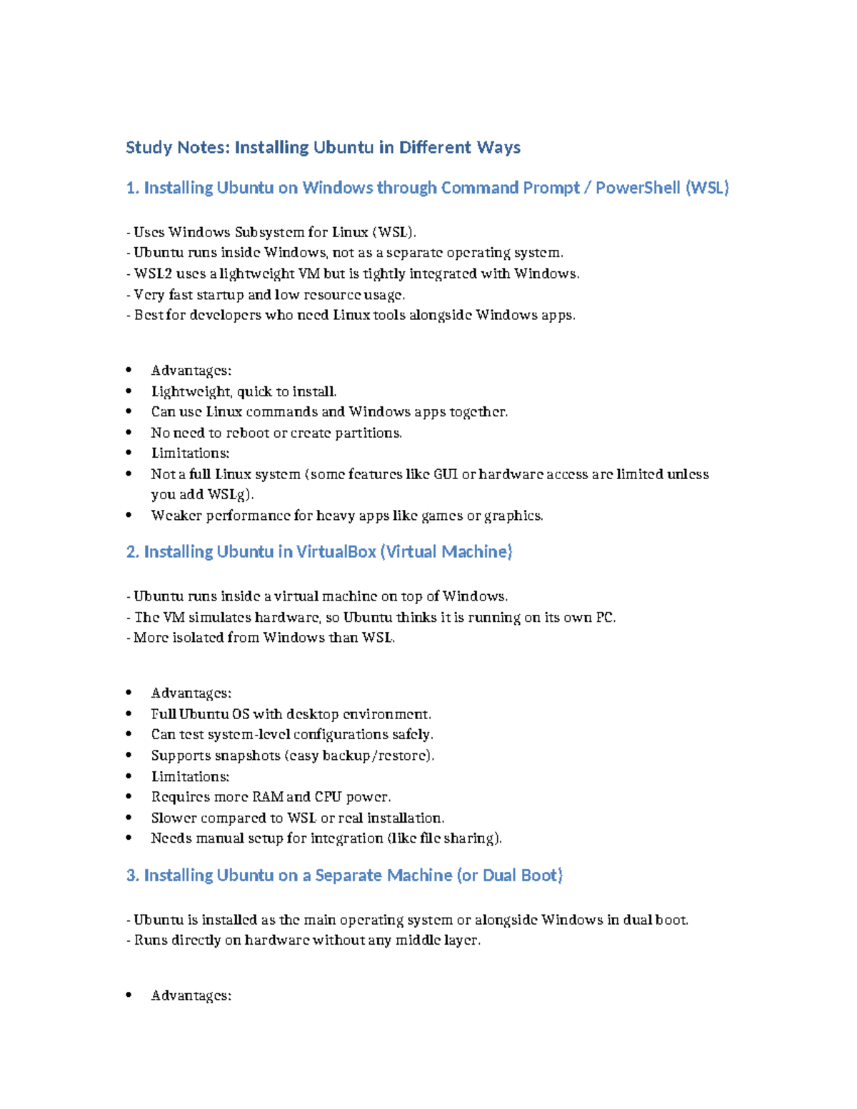 Study Notes: Installing Ubuntu via WSL, VirtualBox, and Dual Boot - Studocu