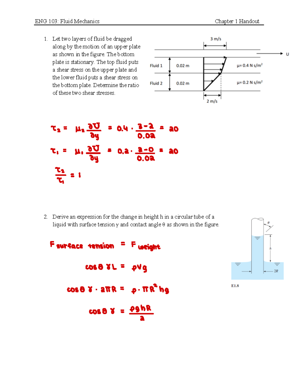 ENG 103: Fluid Mechanics Chapter 1 Handout Overview - Studocu