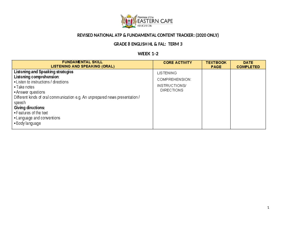 Revised National ATP Content Tracker: Grade 8 English HL FAL Term 3 ...