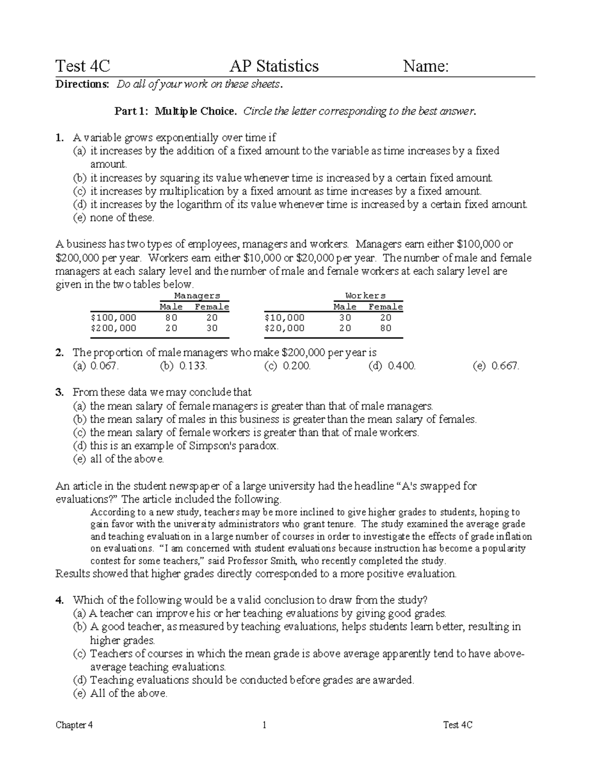 Test 4C AP Statistics - Quiz on Exponential Growth and Data Analysis ...