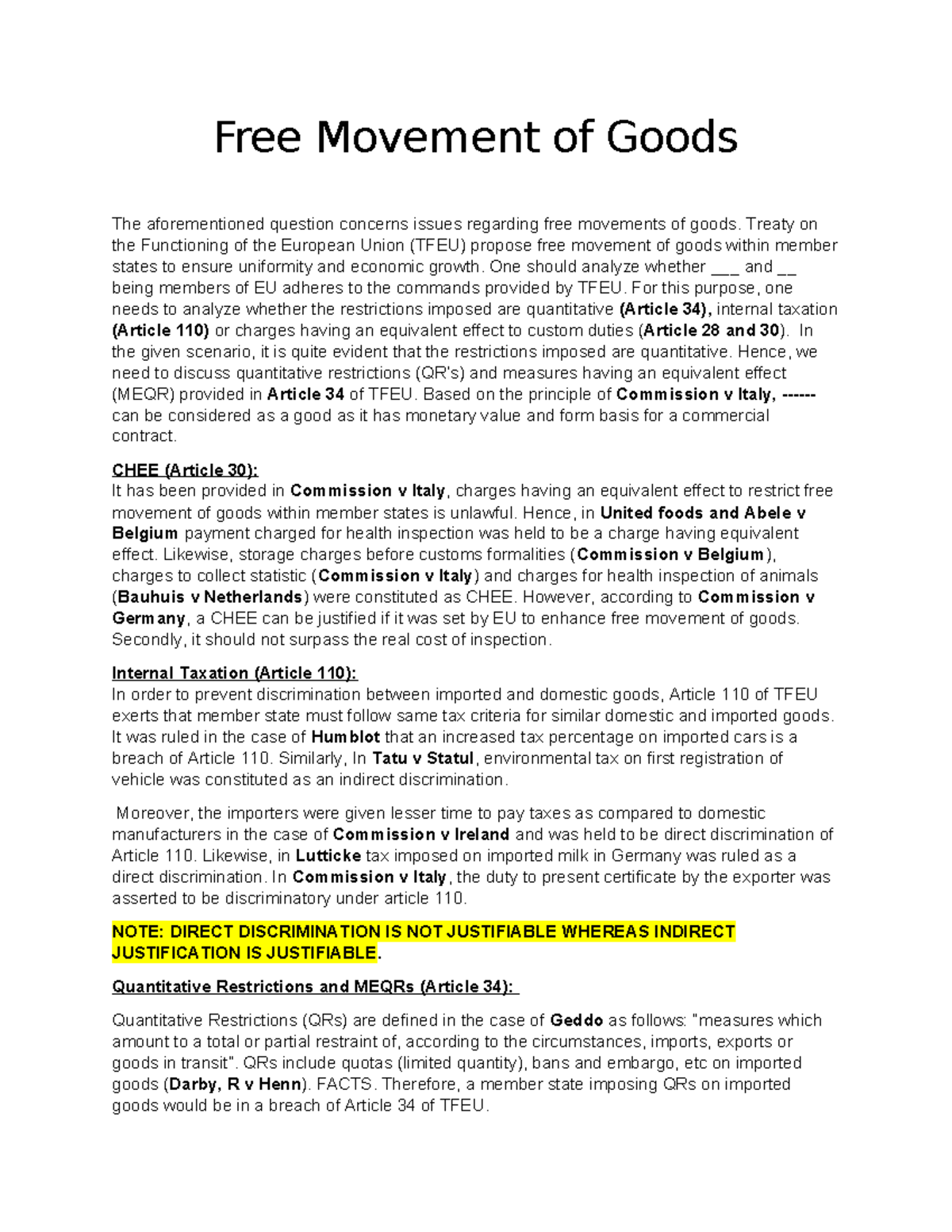 FMG 2 - Analysis of Free Movement of Goods under EU Law Essay - Studocu