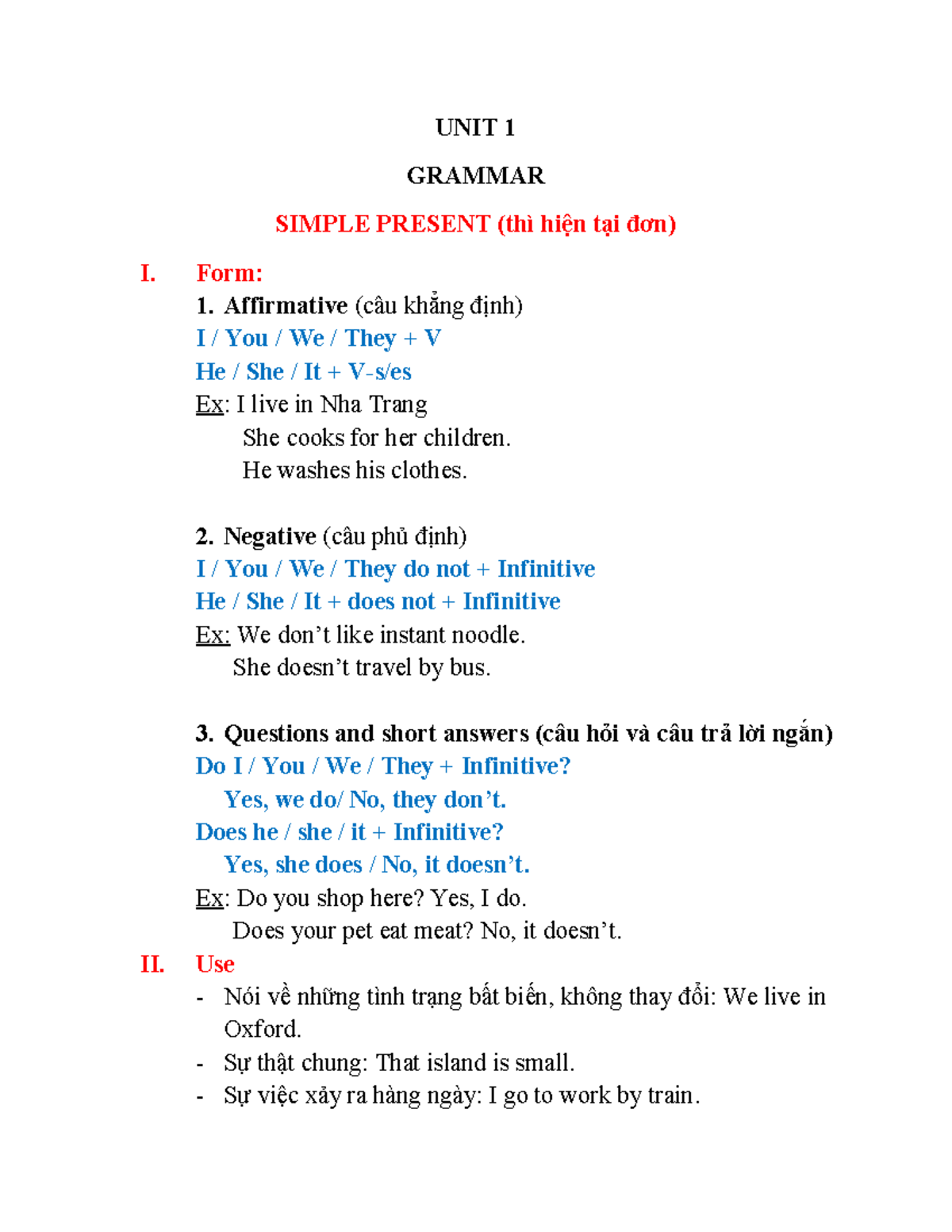 UNIT 1-Grammar - Hjhh - UNIT 1 GRAMMAR SIMPLE PRESENT (thì hiện tại đơn ...