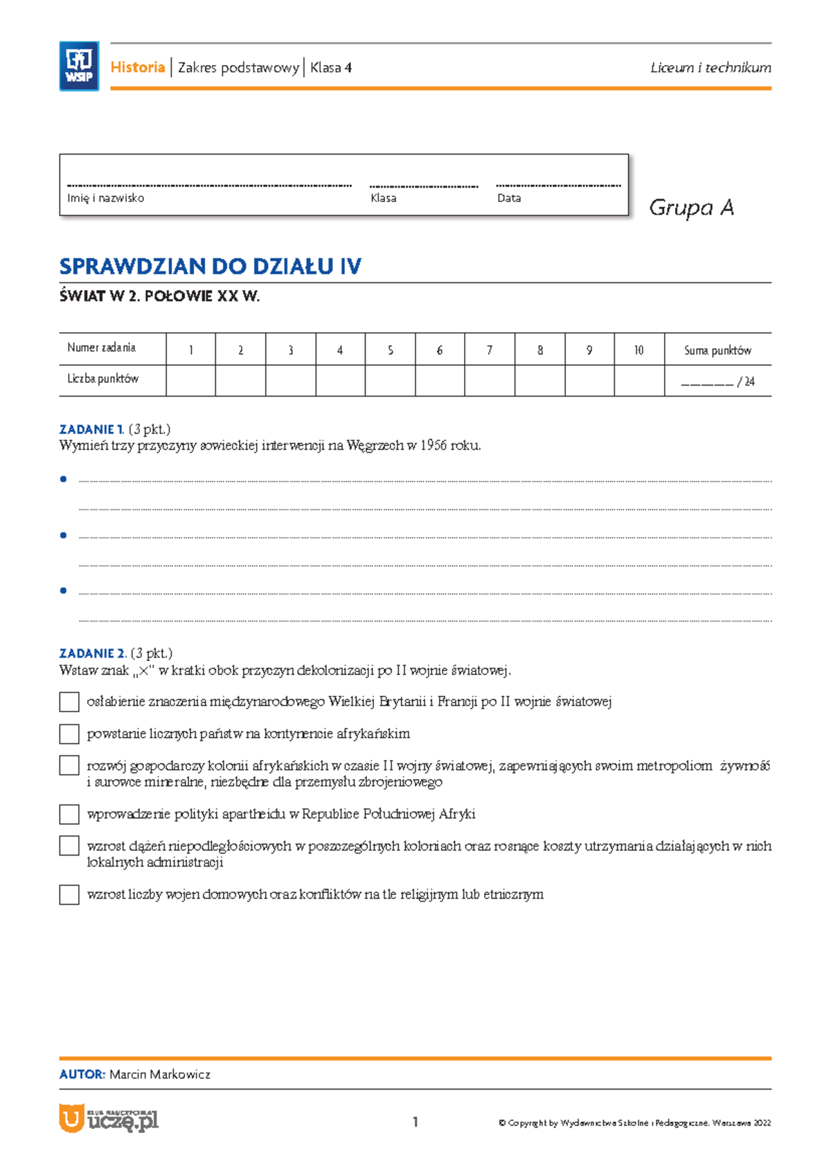 Hist SPP ZP Historia kl 4 Sprawdzian Dział IV: Świat w 2. poł. XX w ...