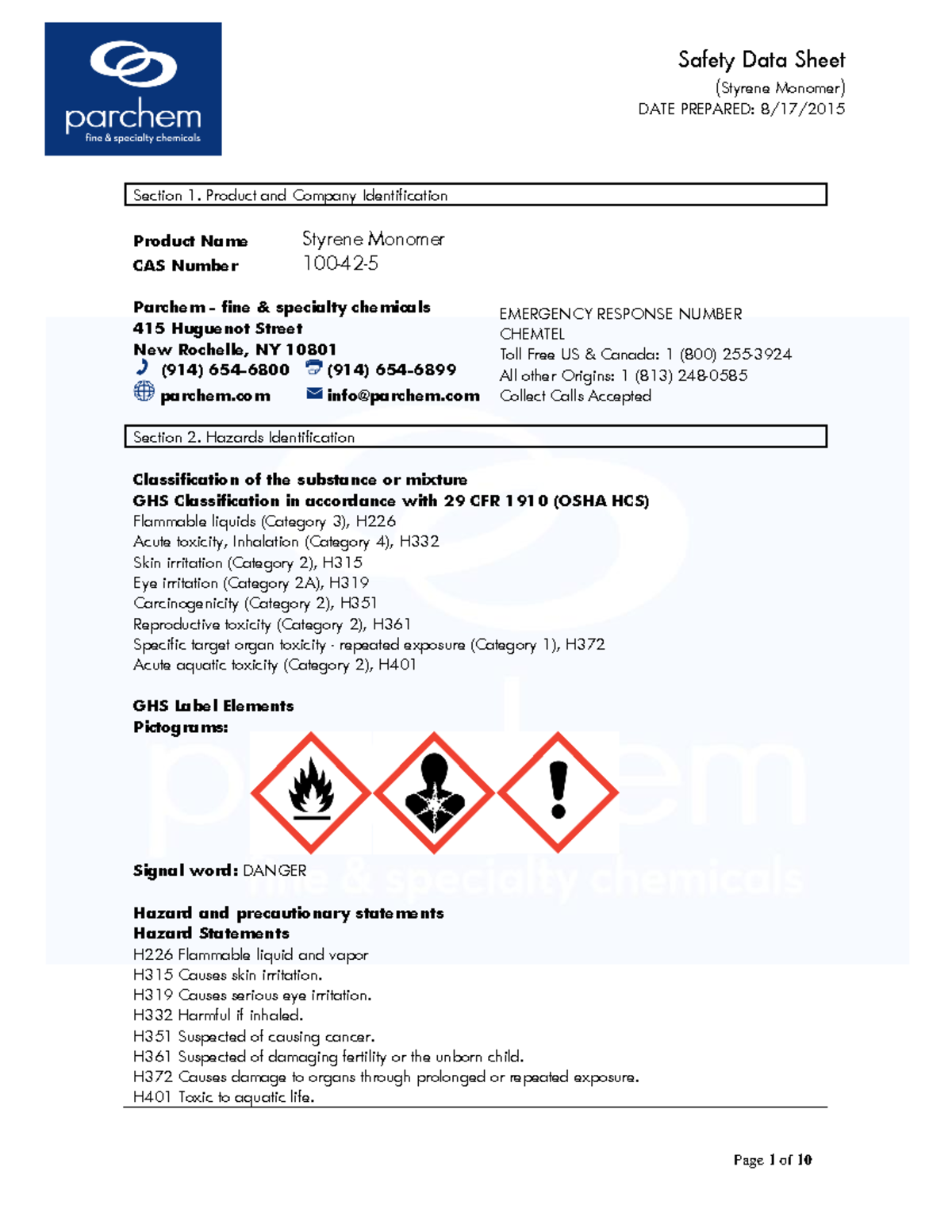 GHS Safety Data Sheet for Styrene Monomer (MSDS) - Studocu
