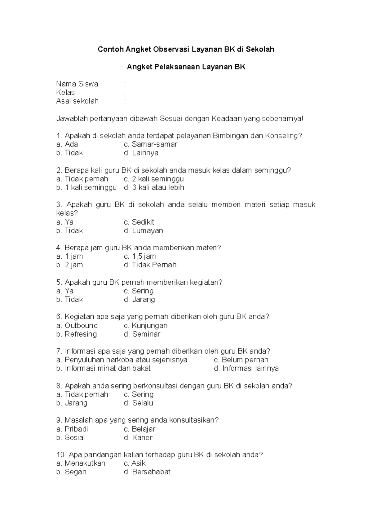 Angket Observasi Layanan BK di Sekolah: E. Asesmen - Studocu