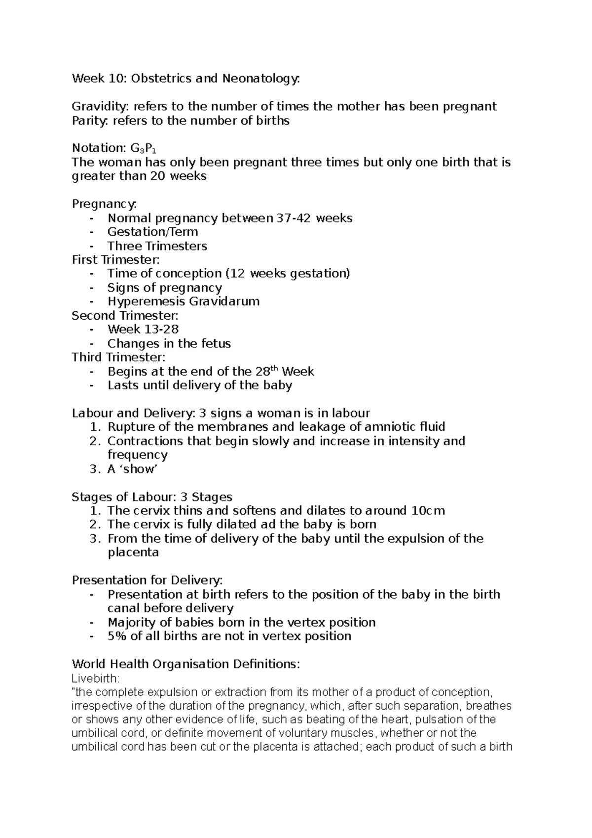 Week 10: Obstetrics & Neonatology Summary (OBGYN 101) - Studocu