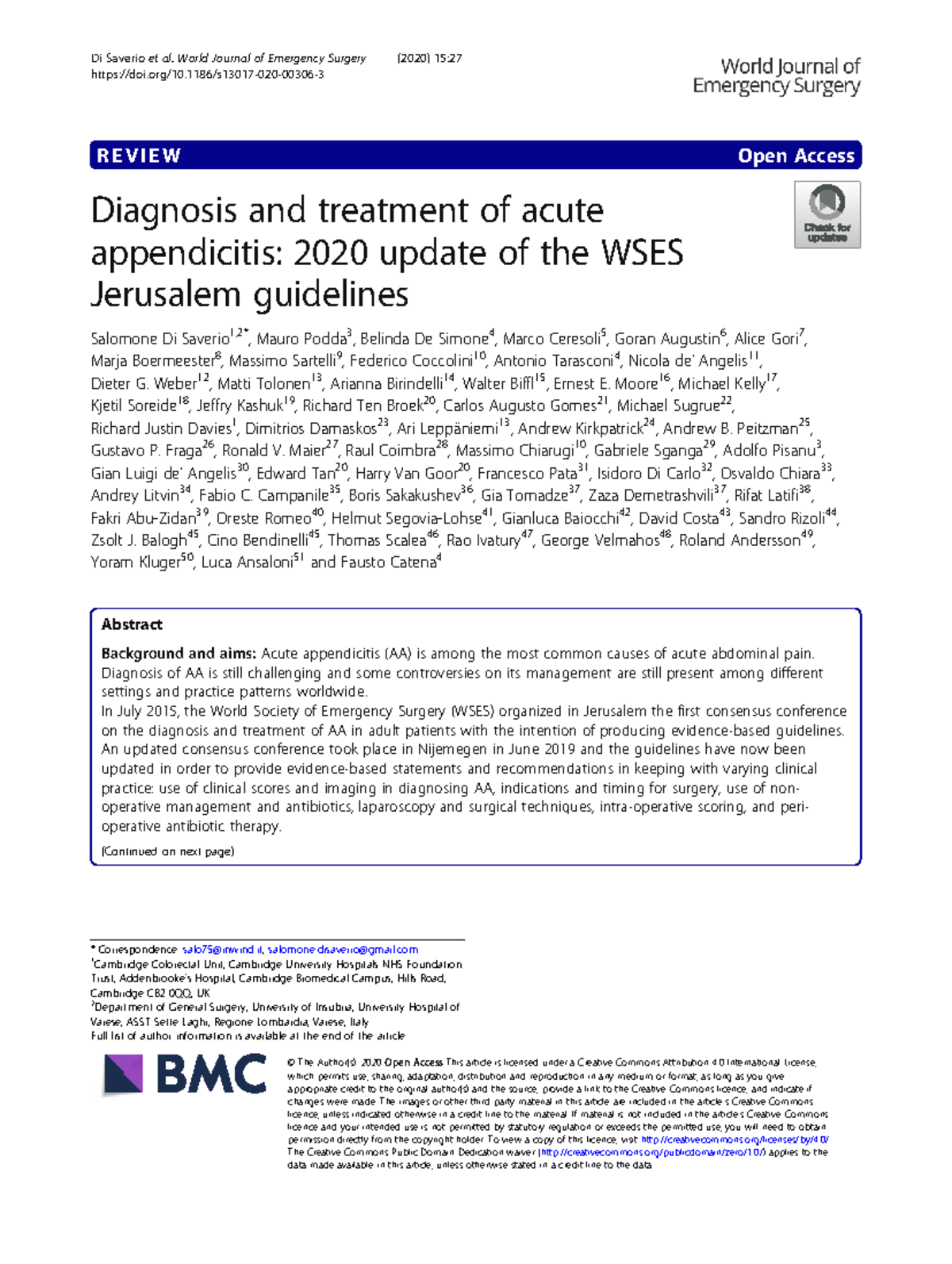 WSES 2020 Guidelines Update on Diagnosis & Treatment of Acute ...
