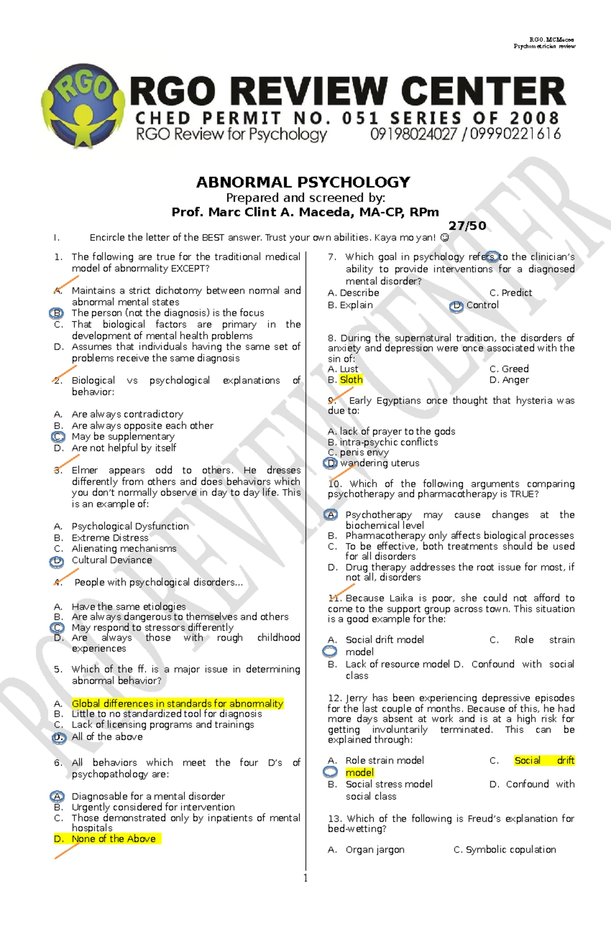 Abnormal Psychology TOS Outline for Ab Psy Final Exam - Studocu